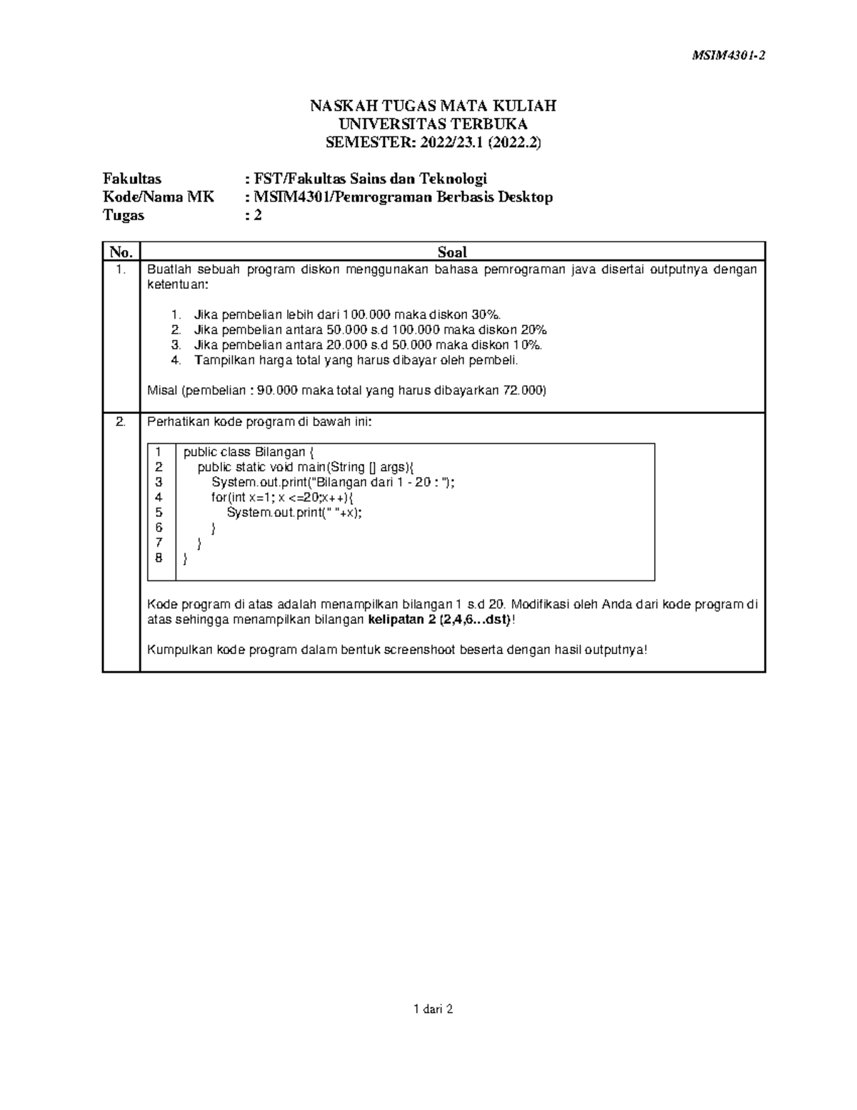 Soal Tugas 2 MSIM4301 - Pemrograman Berbasis Desktop (2022/23.1) - Studocu
