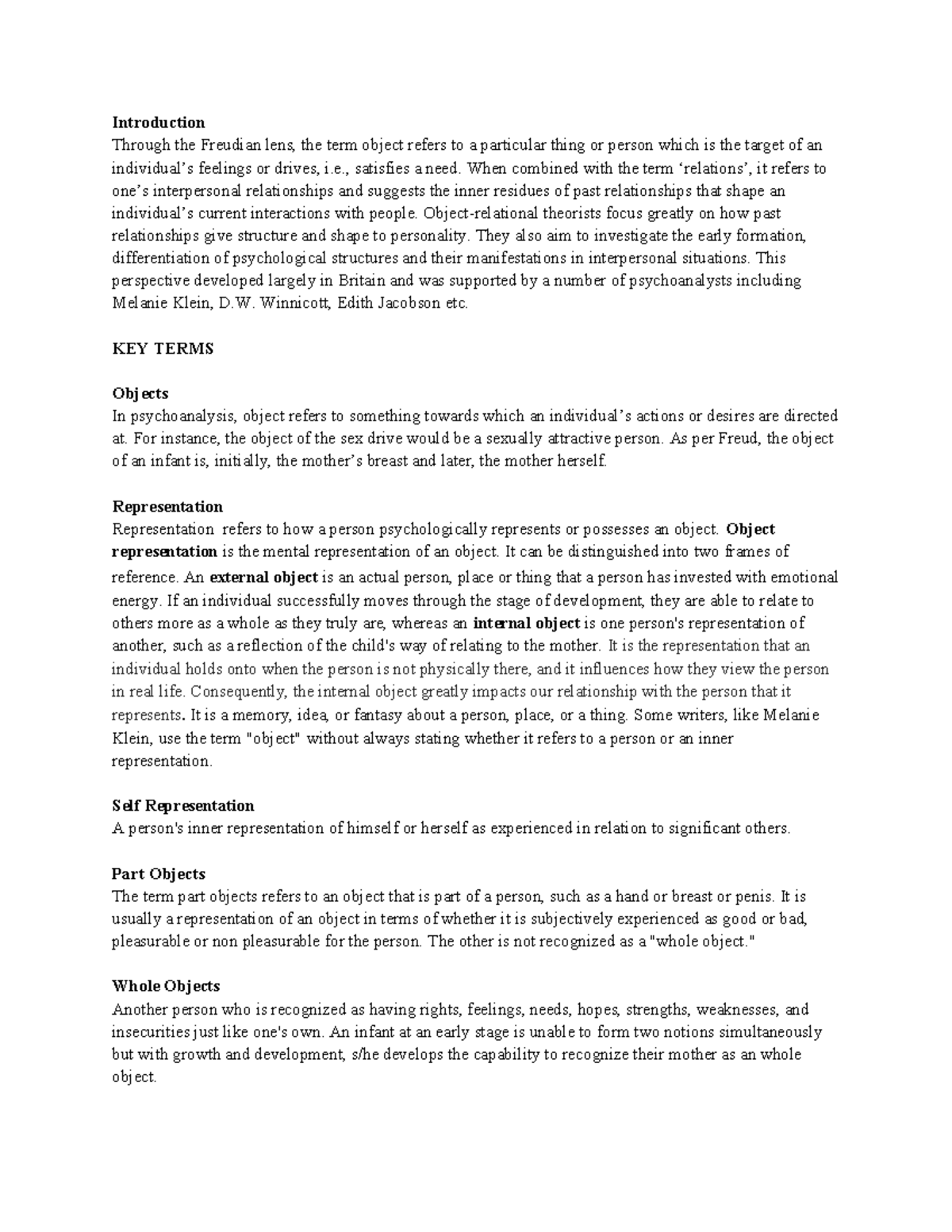 Object-Relations Theory: Key Concepts and Differences (Unit 3) - Studocu