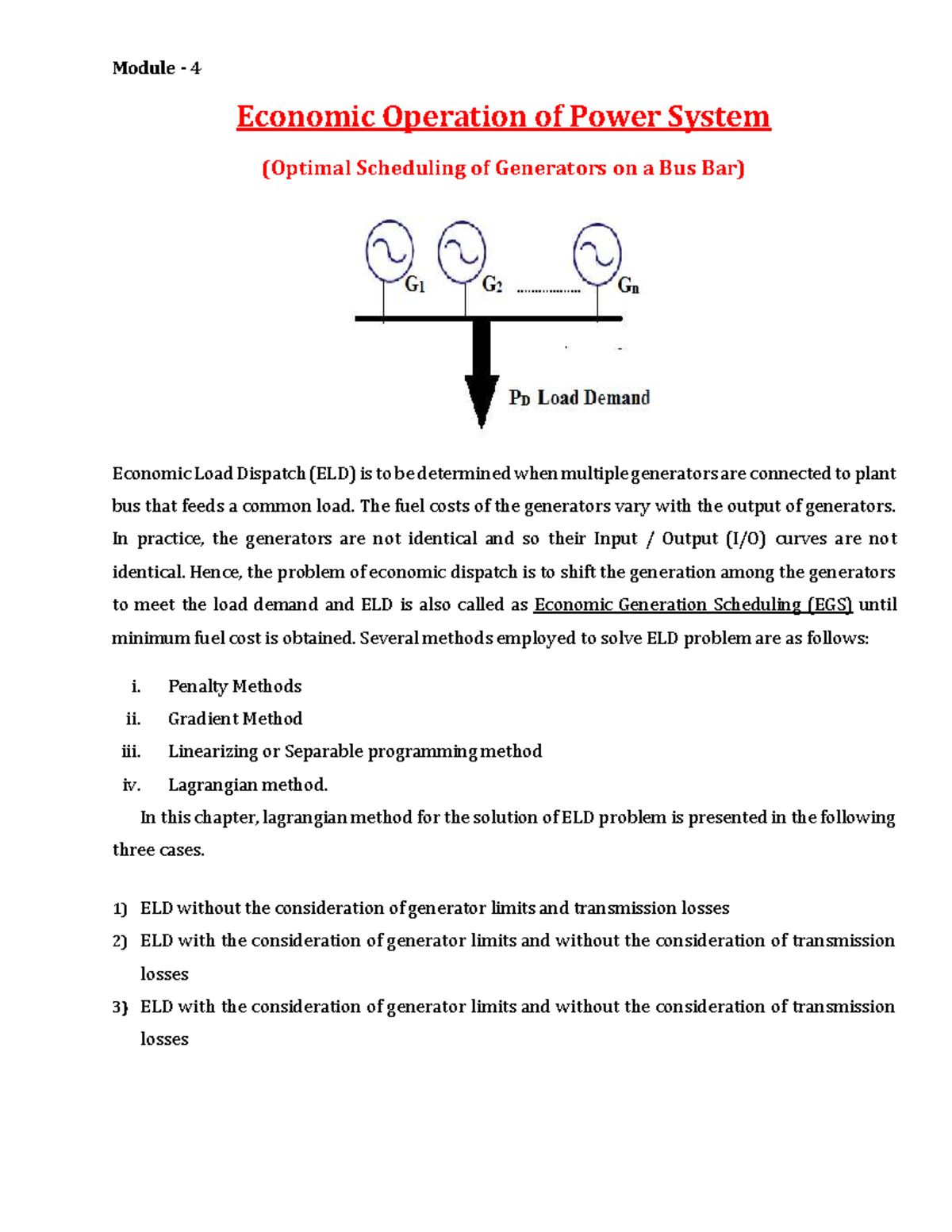 Module 4: Economic Operation of Power Systems - ELD Methods - Studocu