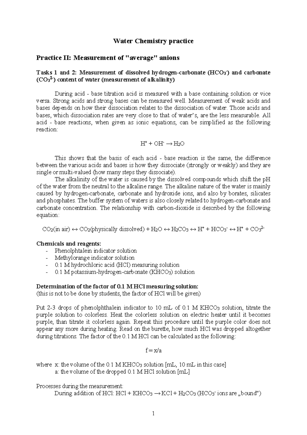 Water Chemistry Practice II: Anion Measurement & Alkalinity Analysis ...