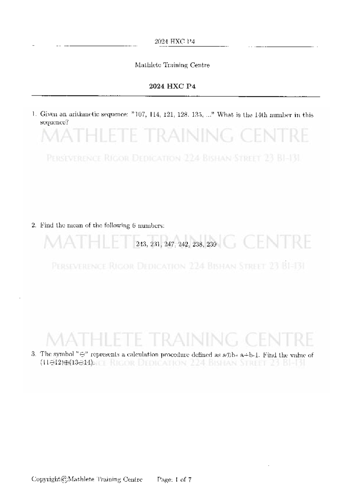 MTC 2024 P4 HXC Mock Paper - Mathlete Training Centre Exercises - Studocu