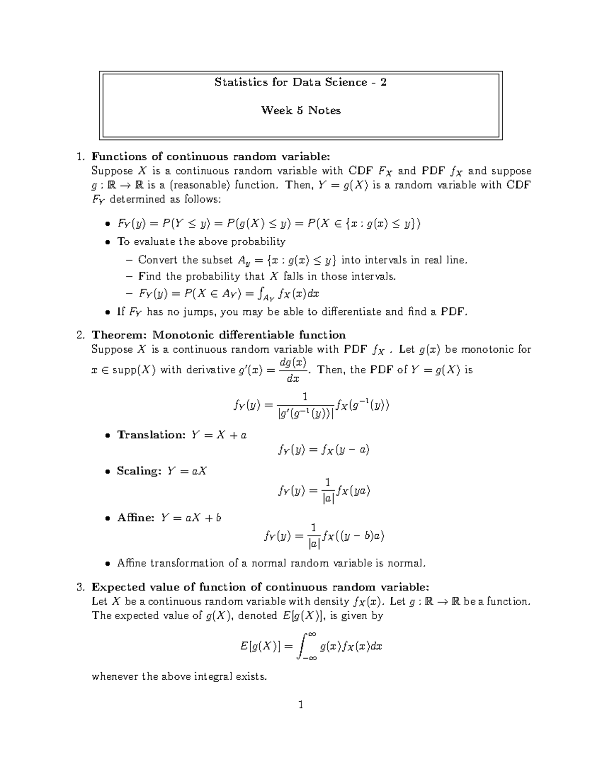 Statistics for Data Science 2: Week 5 Notes on Continuous Random ...