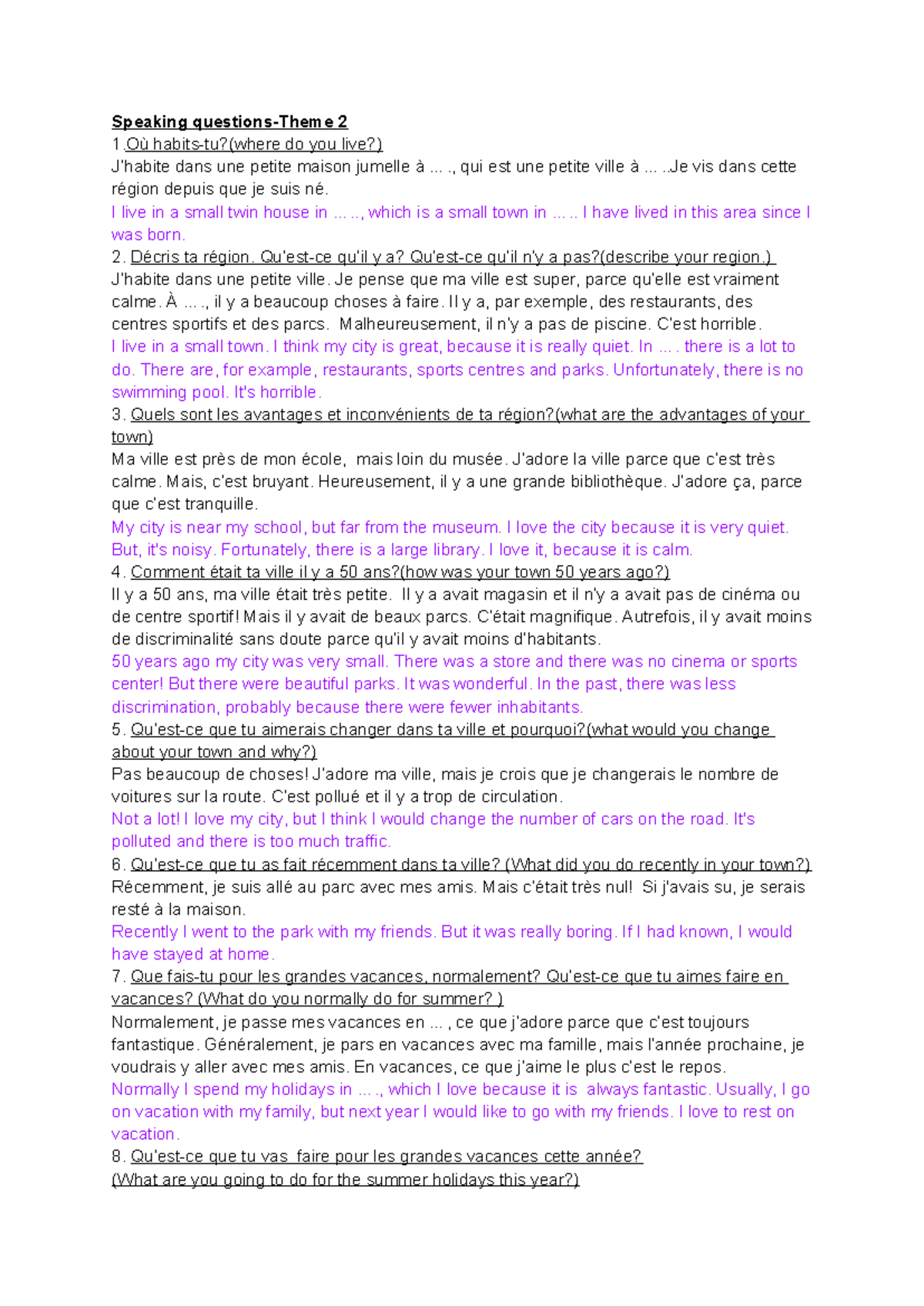 French Speaking Questions - Theme 2 Overview Notes - Studocu