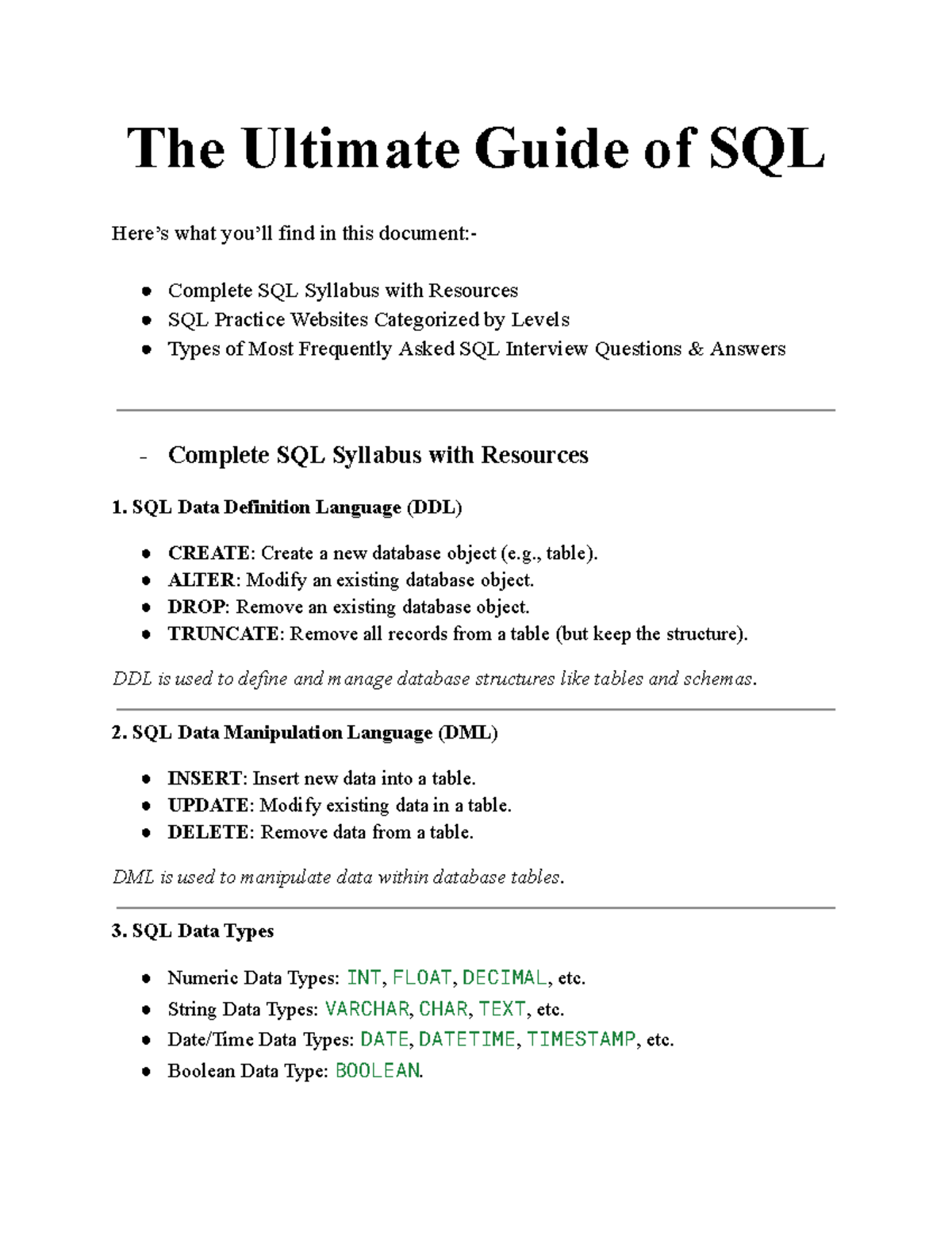 SQL Guide - Comprehensive SQL Syllabus & Interview Prep Resources - Studocu