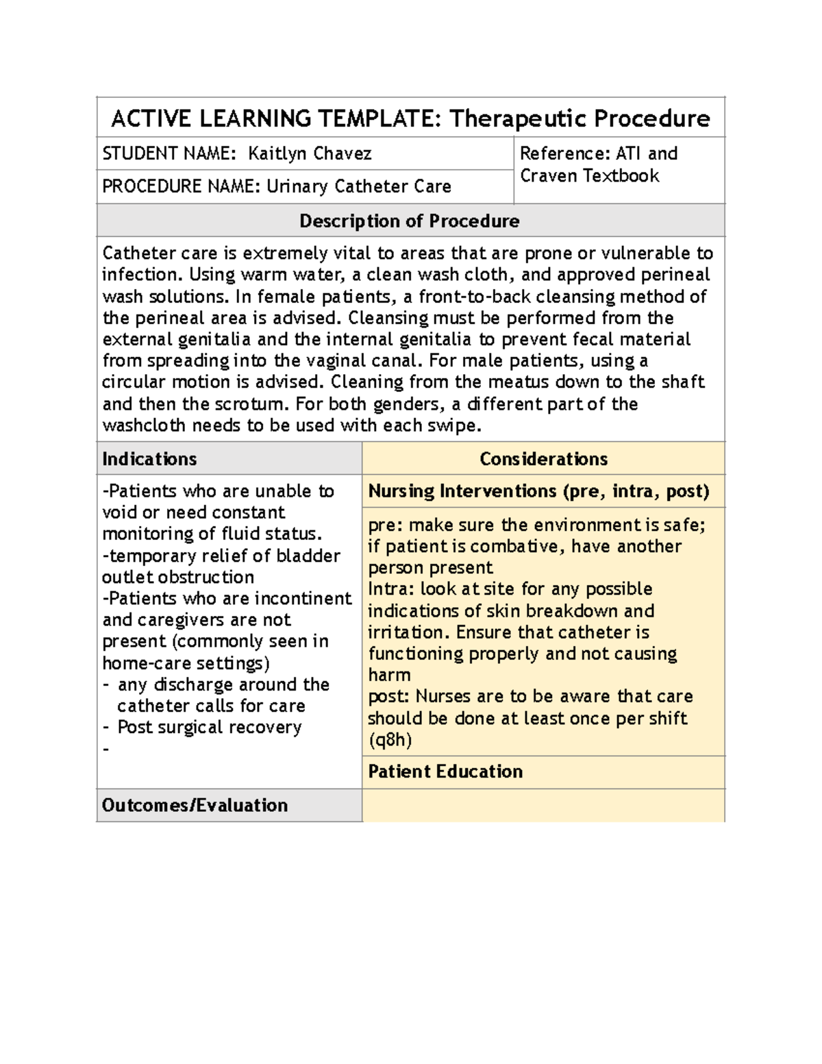 Urinary Catheter Care: Active Learning Template for Nursing ATI - Studocu