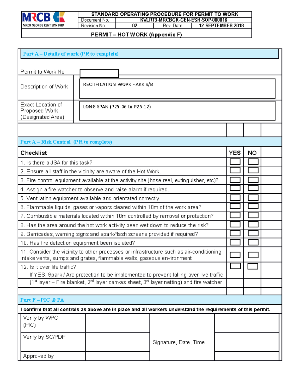 Permit to Work Standard Operating Procedure for Hot Work - Appendix F ...