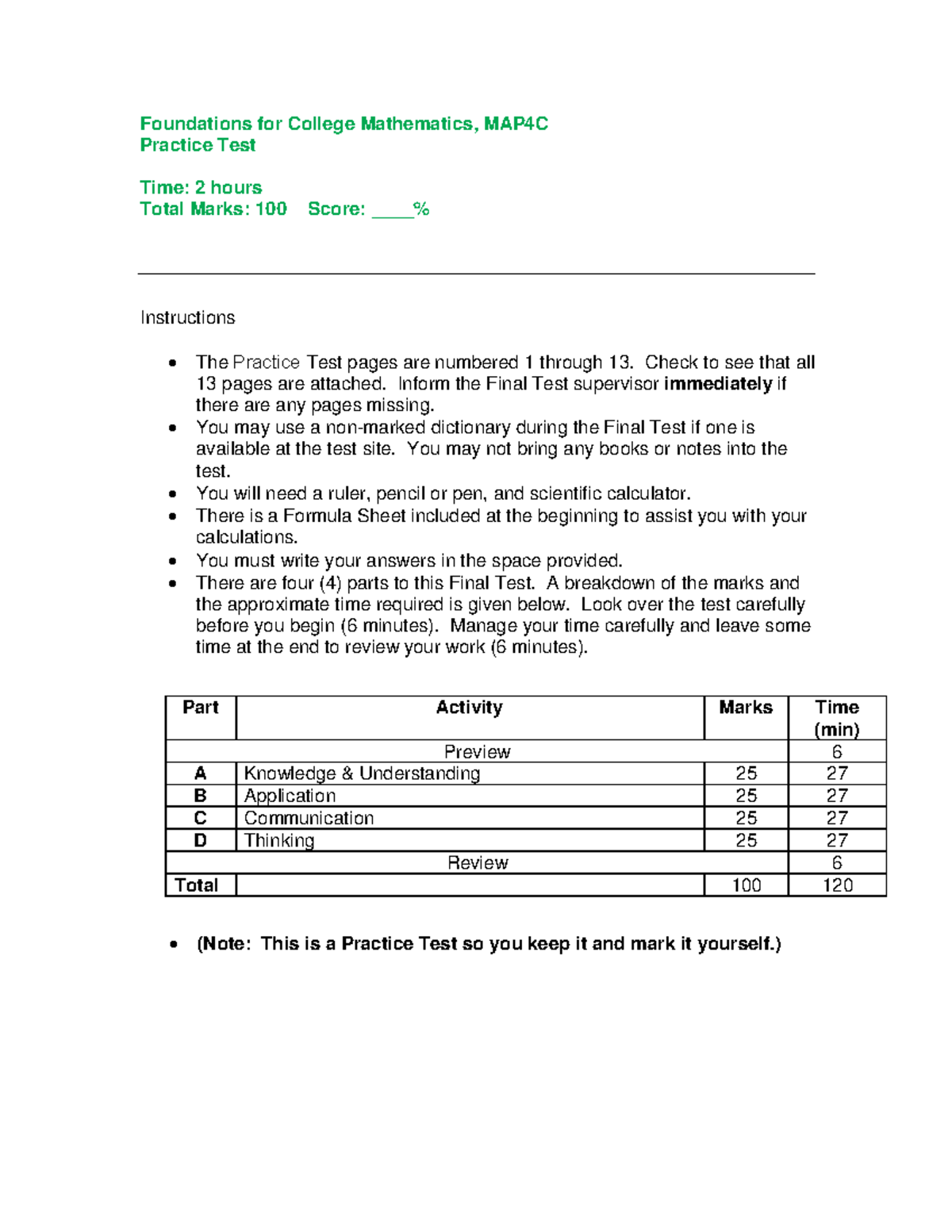 MAP4C Final Practice Test - Foundations for College Mathematics - Studocu