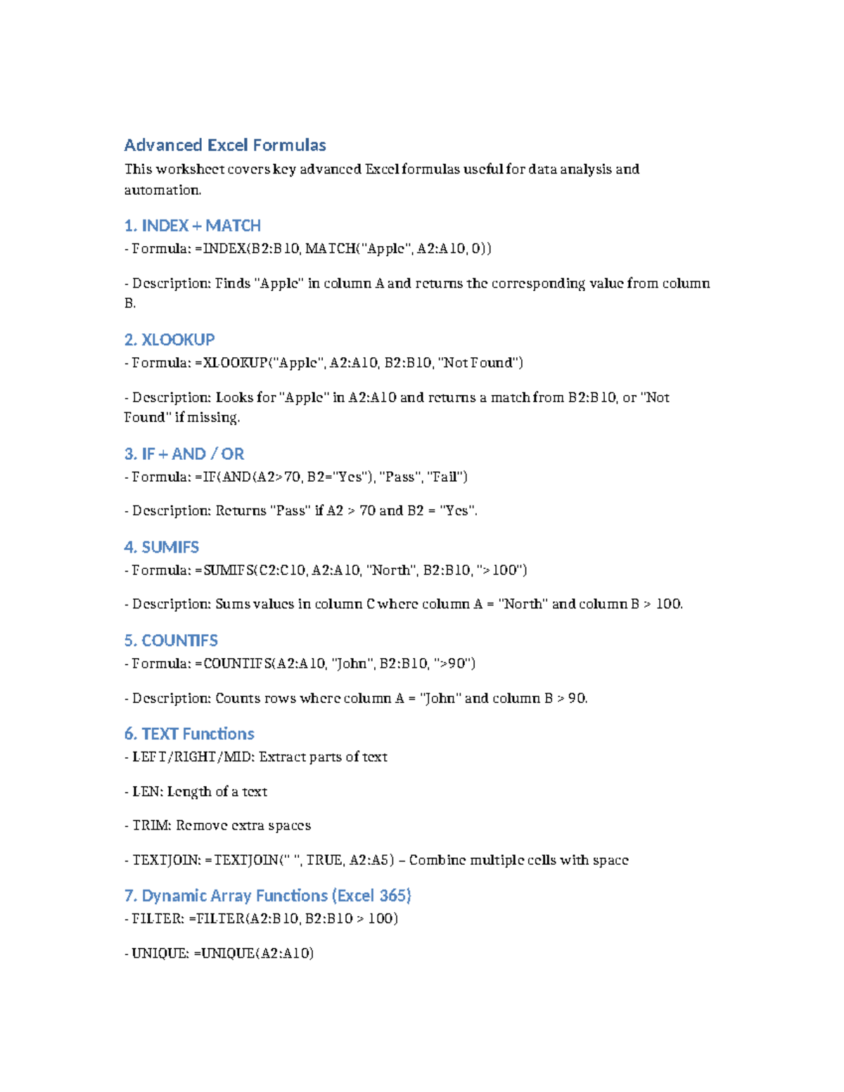 Advanced Excel Formulas for Data Analysis and Automation - Studocu