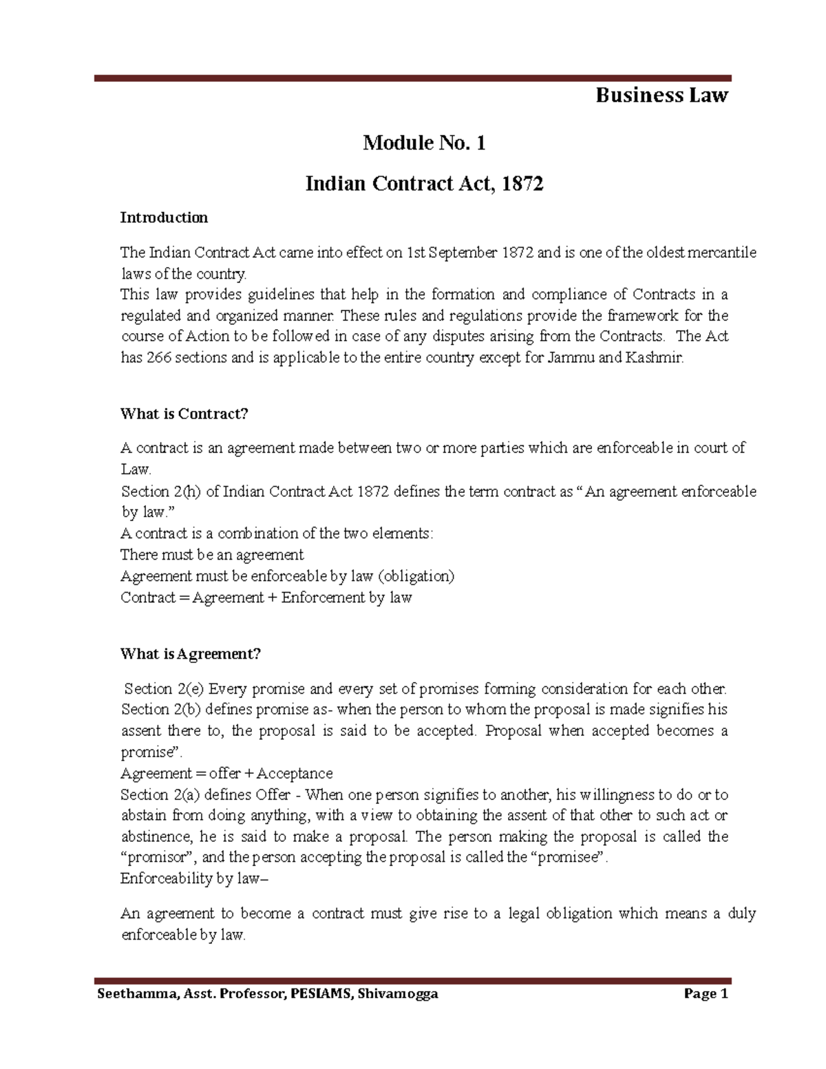 BL- Unit 1: Indian Contract Act 1872 Overview and Essentials - Studocu