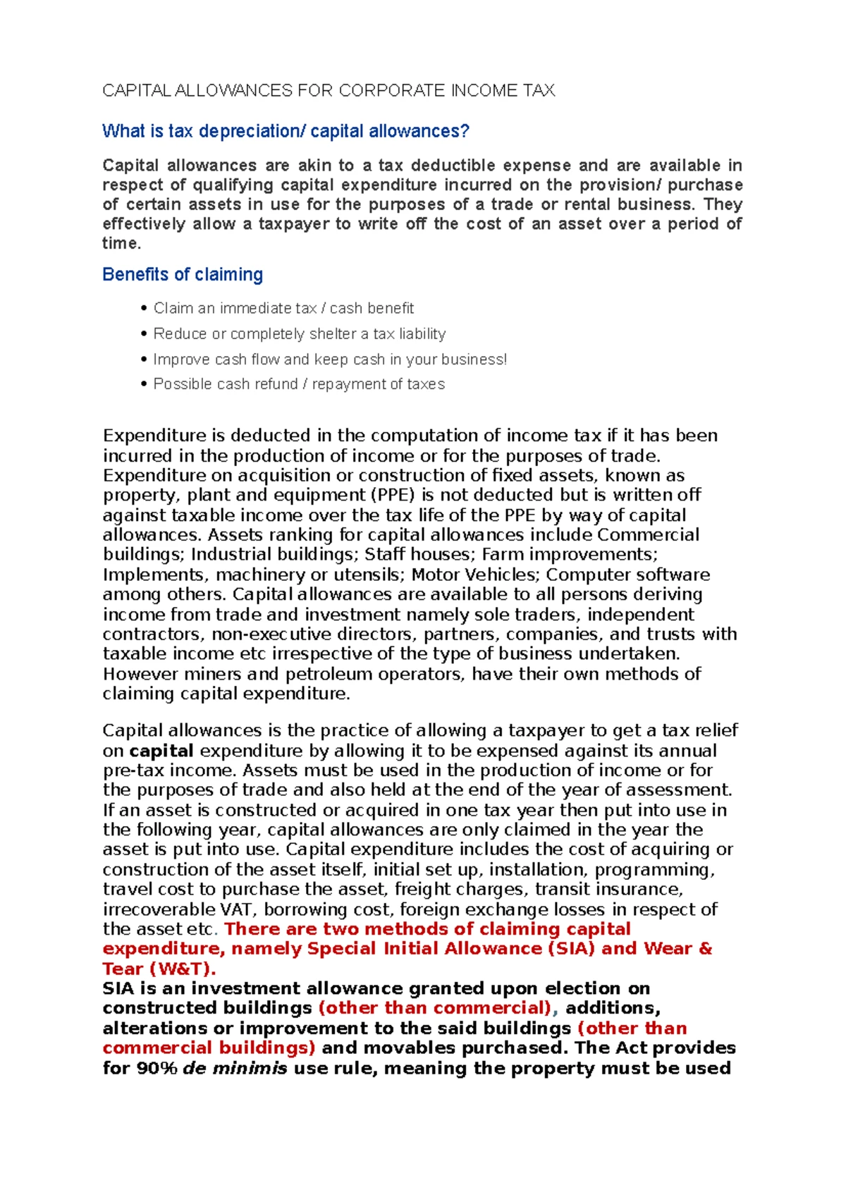 Capital Allowances FOR Corporate Income TAX - CAPITAL ALLOWANCES FOR ...