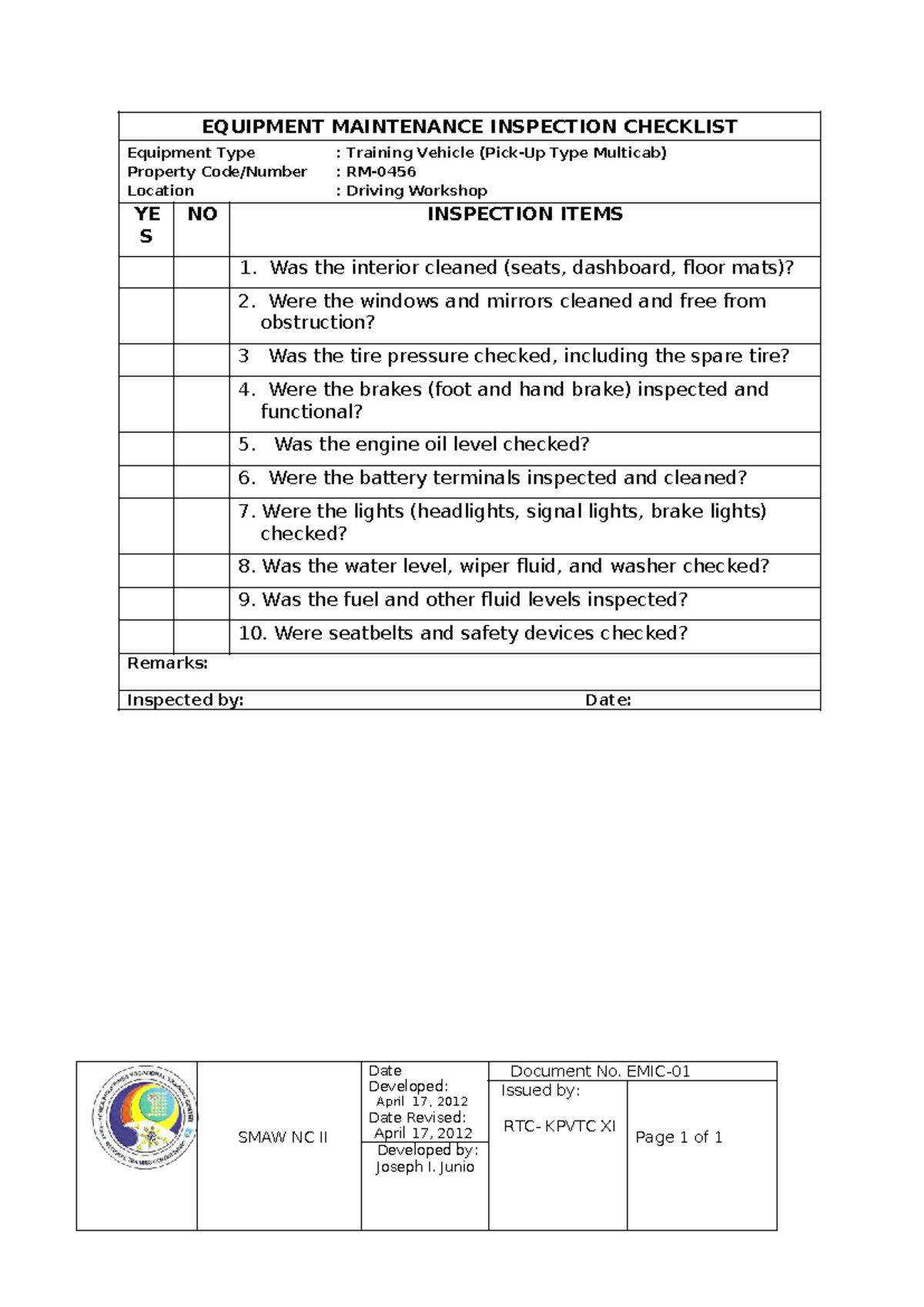 EQUIPMENT MAINTENANCE INSPECTION CHECKLIST - SMAW NC II - Studocu