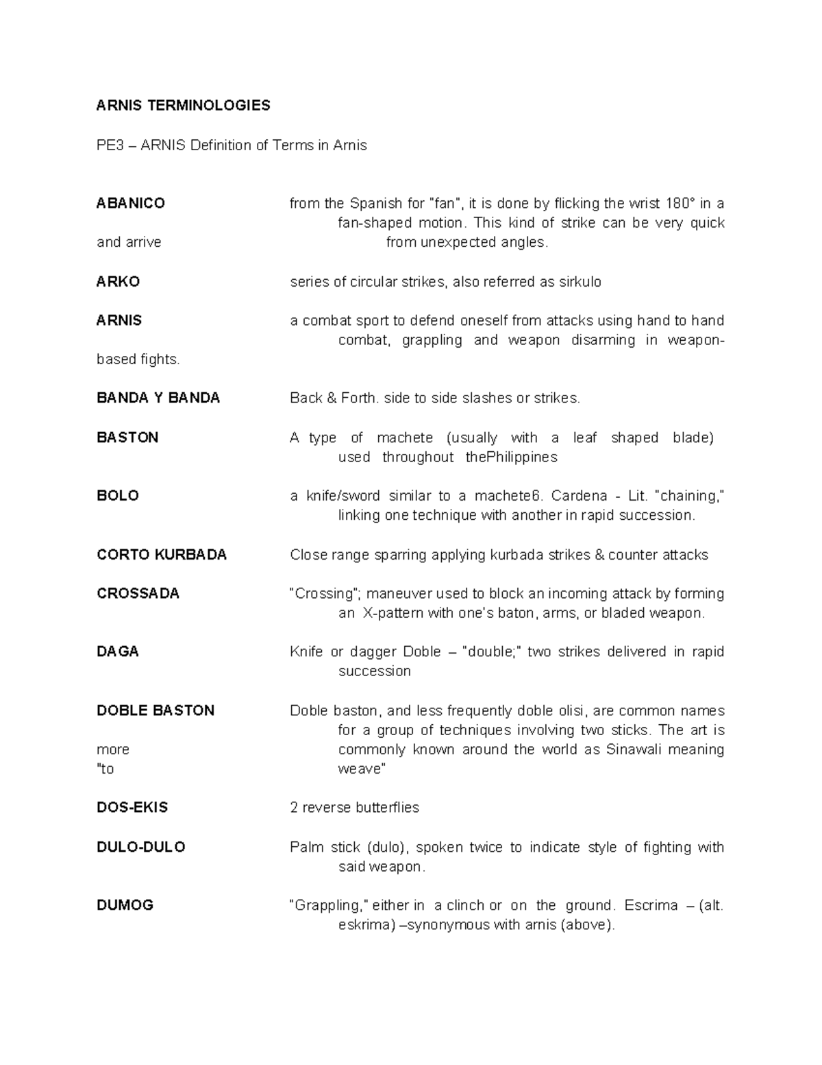 PE3 – ARNIS Comprehensive Terminology Guide for Arnis Techniques - Studocu