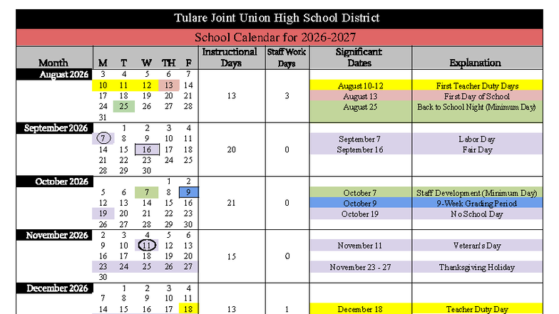 Tulare Joint Union High School District 2026-2027 School Calendar - Studocu