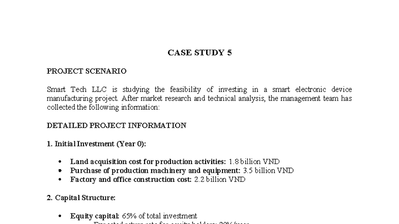 CASE STUDY 5: Smart Tech LLC Investment Feasibility Analysis - Studocu