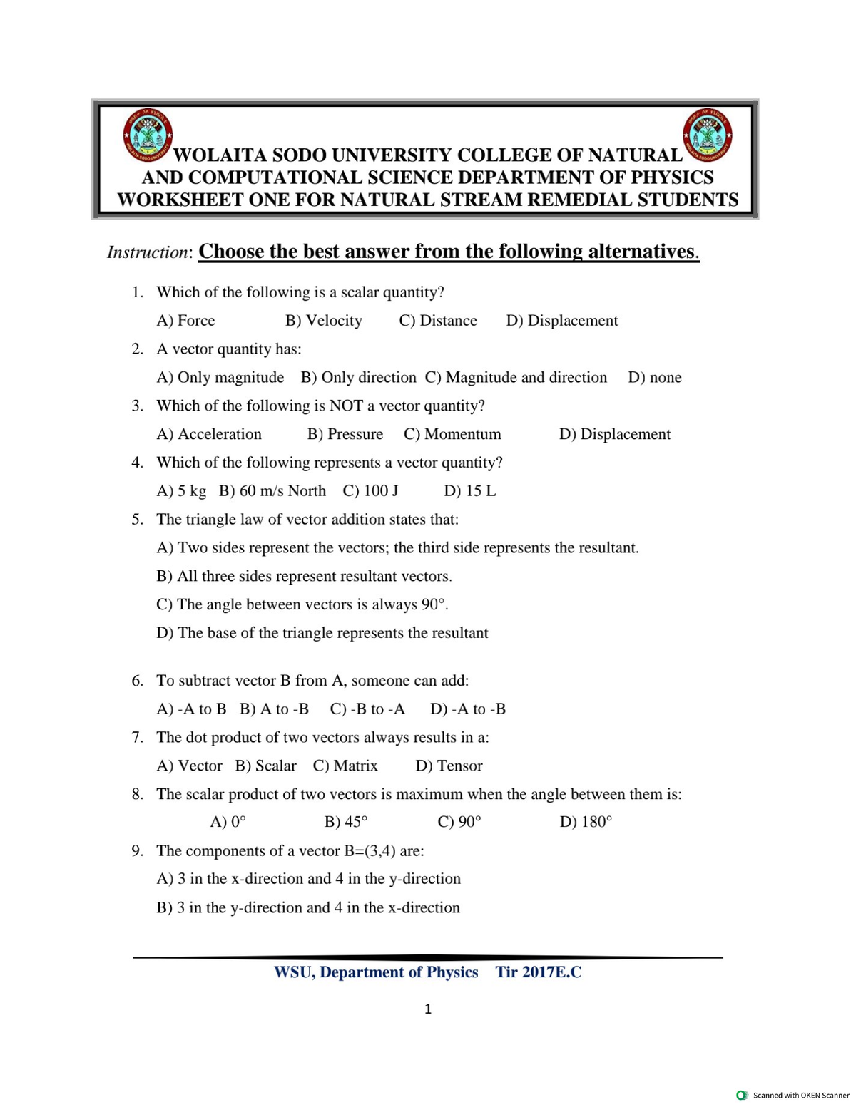 WSU Physics Worksheet 1 for Natural Stream Remedial Students - Studocu