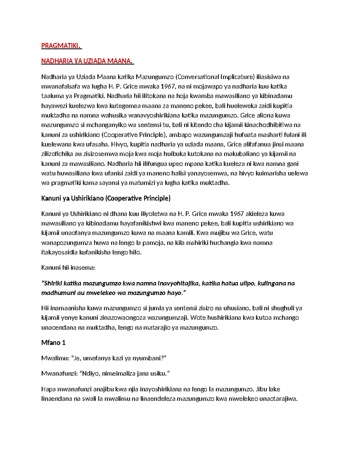 PRAGMATIKI: Nadharia ya Uziada Maana na Kanuni za Ushirikiano - Studocu