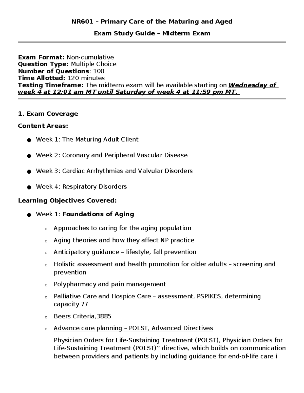 NR601 Midterm Exam Study Guide: Primary Care for Aging Adults - Studocu