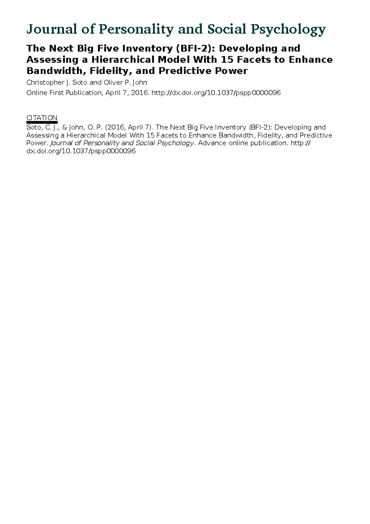 The Next Big Five Inventory: Developing a Hierarchical Model with 15 ...