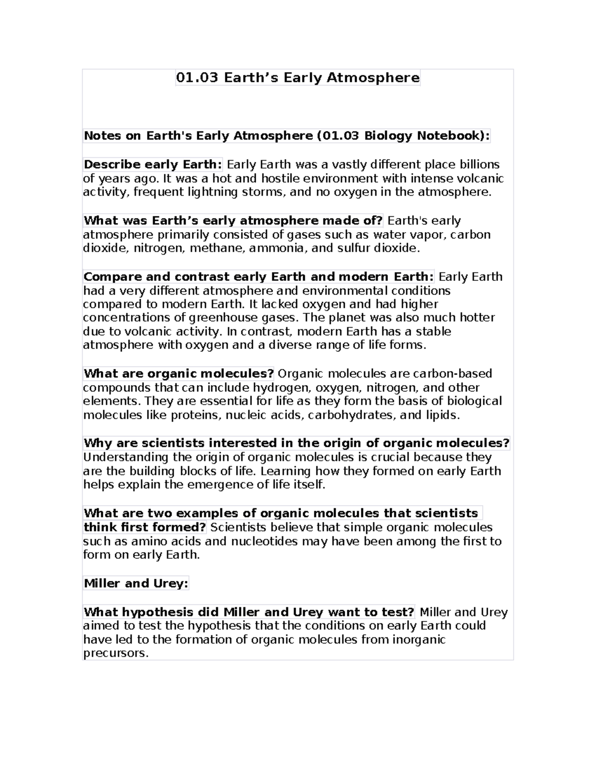 01.03 Biology Notes: Earth's Early Atmosphere and Organic Molecules ...
