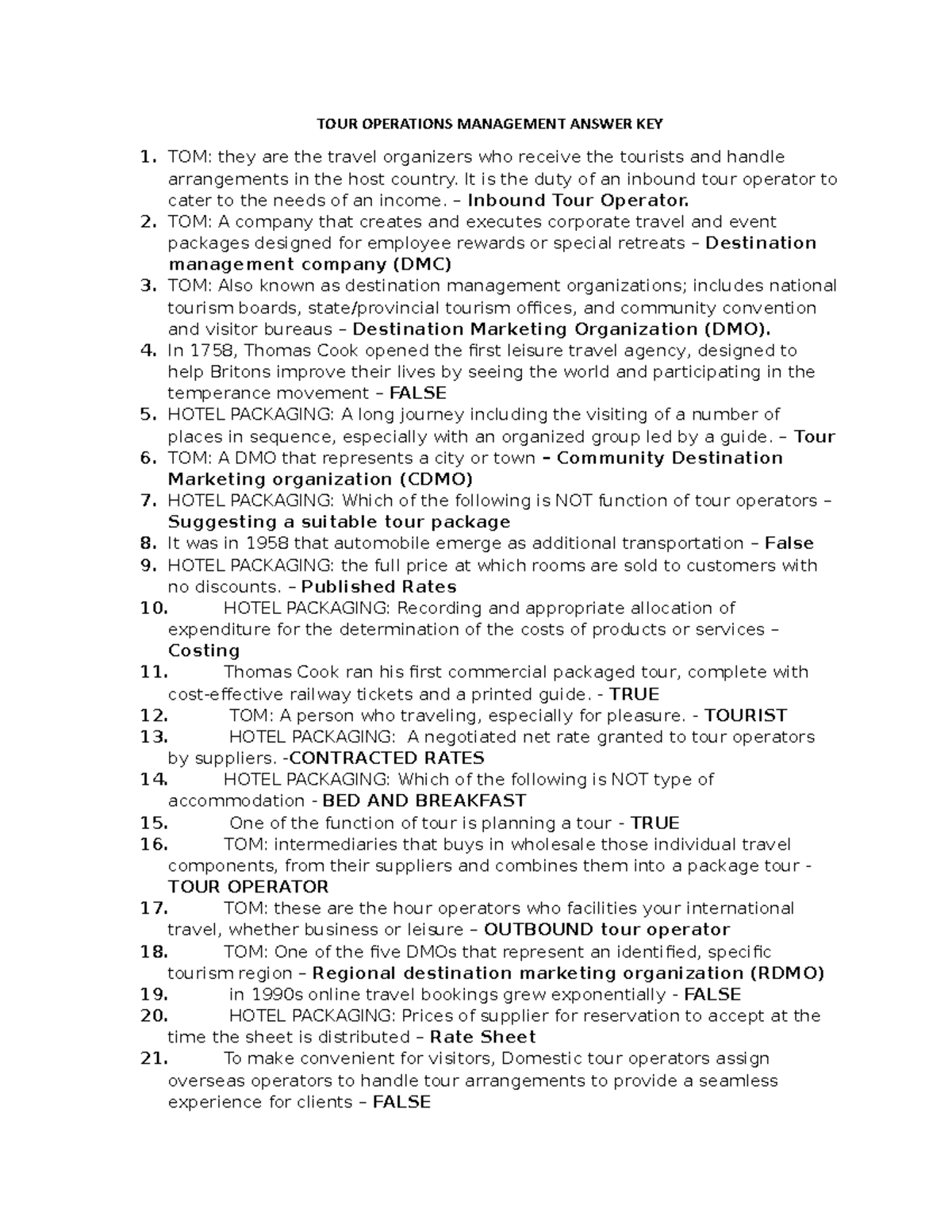Tour Operations (Answer Key) - Operations Management - Studocu
