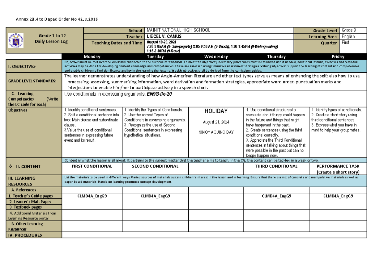 DLL ENG9 Week 4 - Daily Lesson Log for Grade 9 (Aug 19-23, 2024) - Studocu
