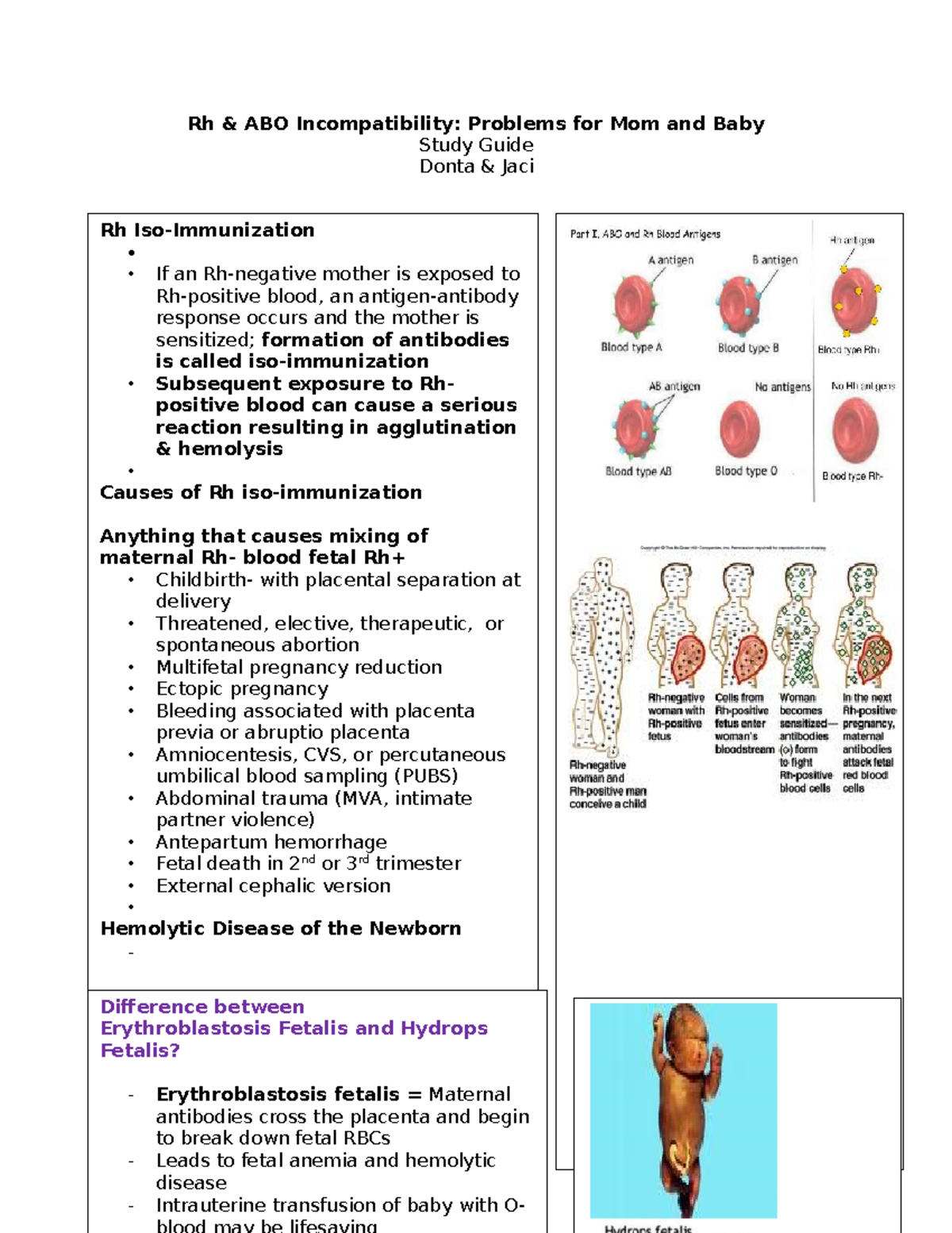 Rh & ABO Incompatibility: Study Guide for Donta Jaci's Class - Studocu
