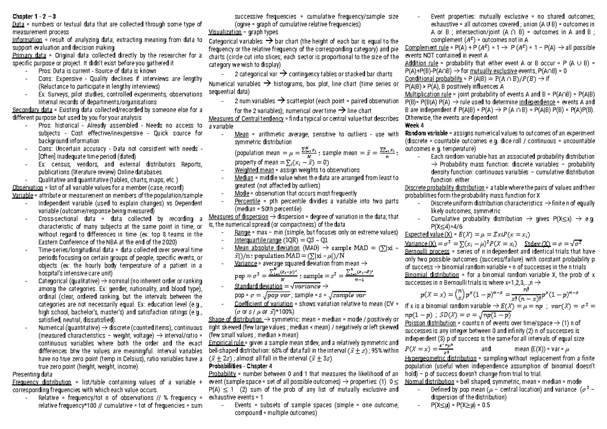 MGMT5504 - Chapters 1-4: Data Analysis & Probability Concepts - Studocu