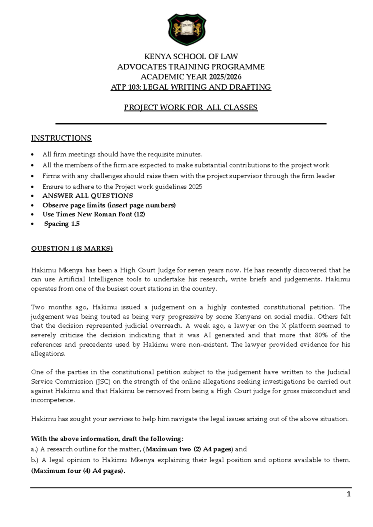 ATP 103 Legal Writing & Drafting Project Guidelines 2025 for All ...