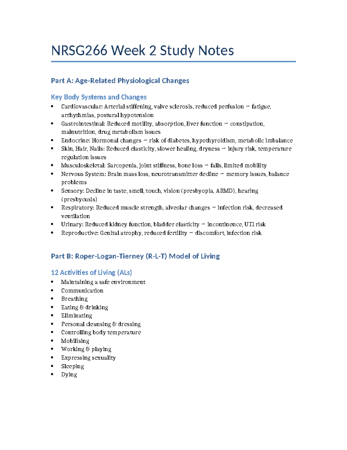 NRSG266 Week 2 Study Notes: Physiological Changes & Living Activities ...