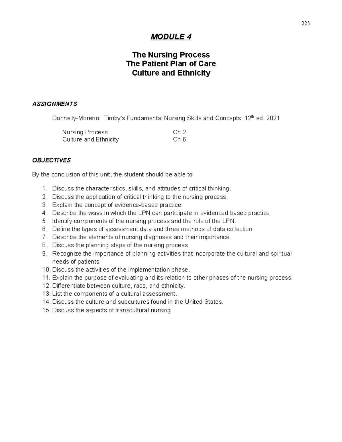 Module 4 Objectives Nursing Process, Culture - MODULE 4 The Nursing ...