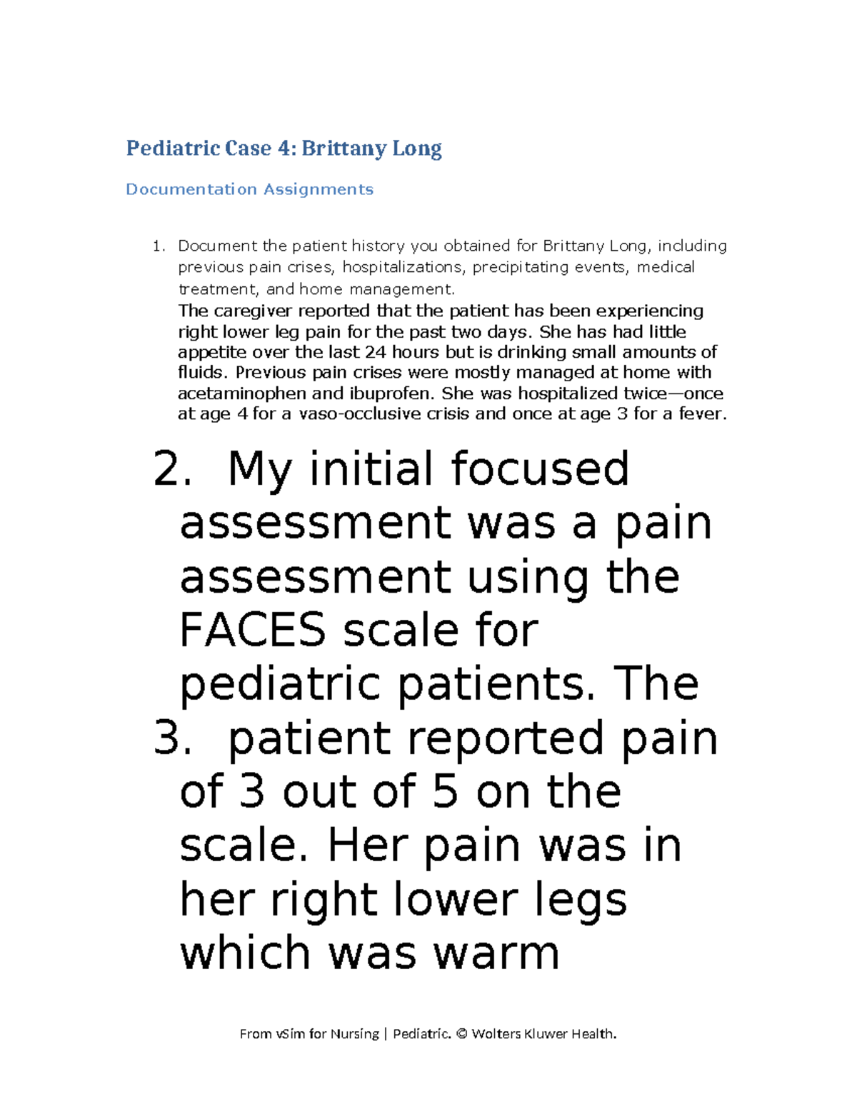 Pediatric Case Study 04: Brittany Long vSim Documentation - Studocu