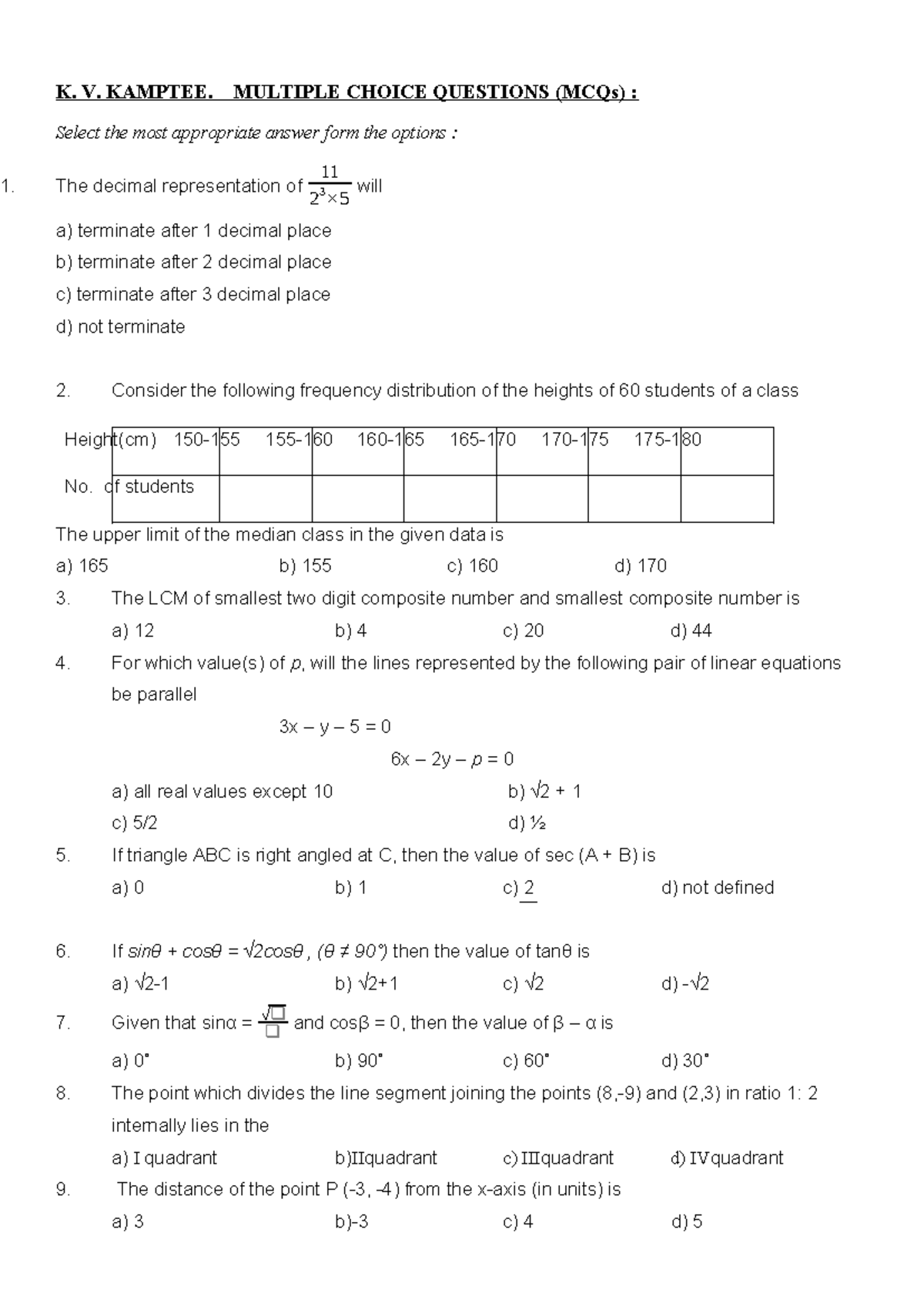 MCQs Sample Paper 2020 - Mathematics MCQs for Exam Preparation - Studocu