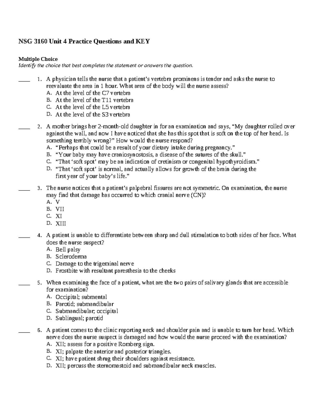 NSG 3160 Unit 4 Practice Questions with Answer Key - Studocu