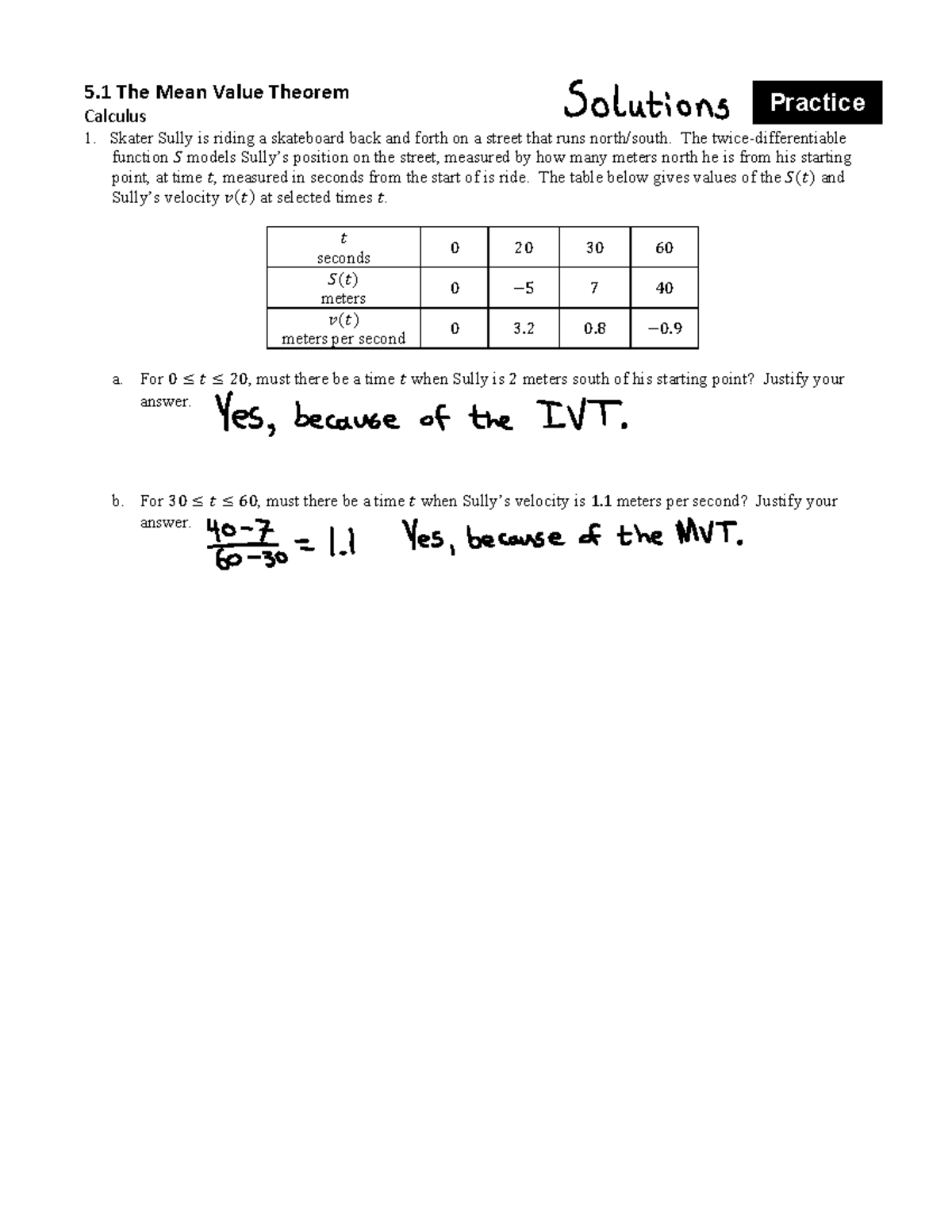 Mean Value Theorem Practice Solutions for Calculus 1 (AB 500A) - Studocu
