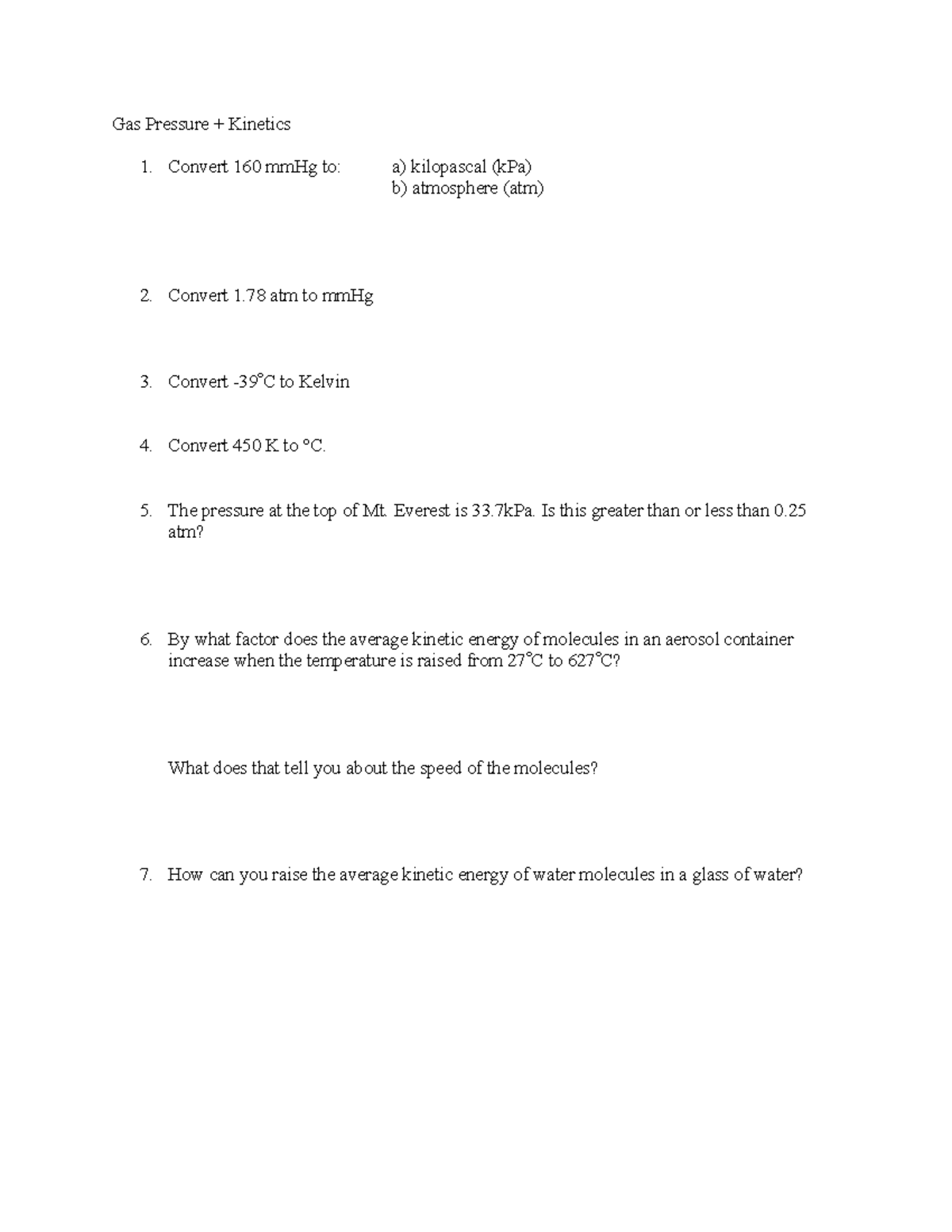 Gas Pressure & Kinetics: Conversions & Kinetic Energy Analysis - Studocu