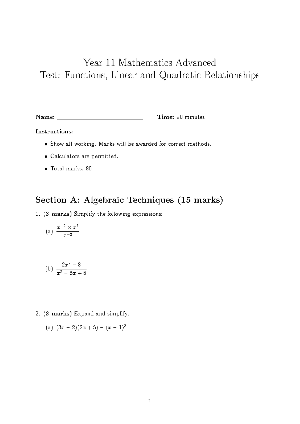 Year 11 Maths Adv Test: Functions, Linear & Quadratic Rel. - Studocu
