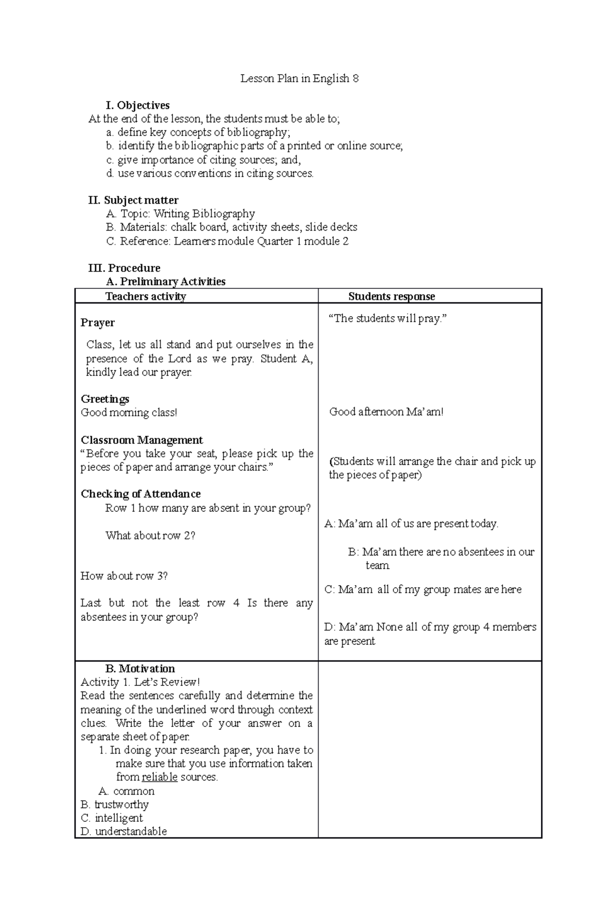 English 8 Lesson Plan: Writing a Bibliography Guide - Studocu