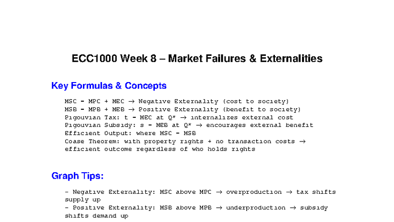 ECC1000 Week8 Formula Sheet - ECC1000 Week 8 – Market Failures ...
