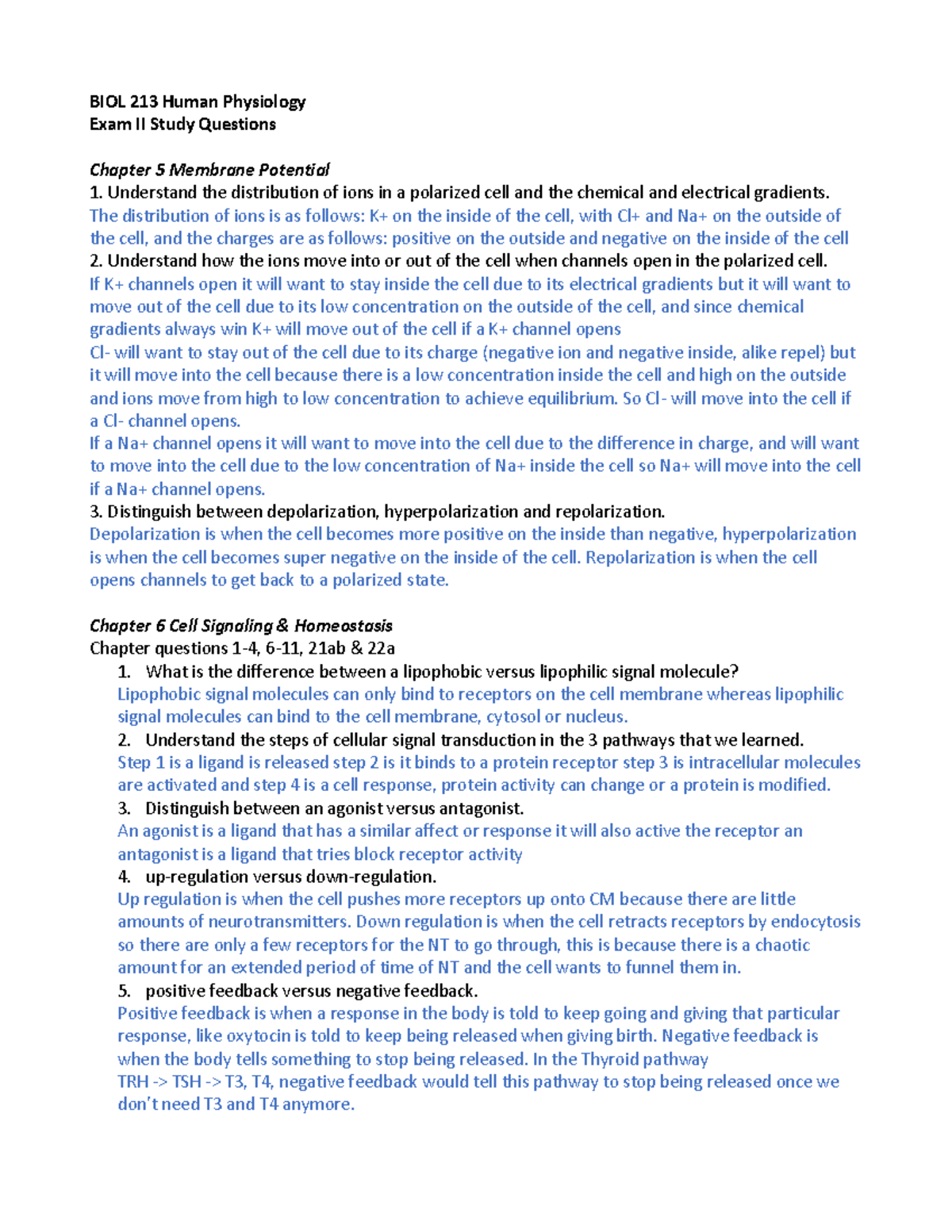 BIOL 213 Human Physiology Exam II Study Questions - Studocu