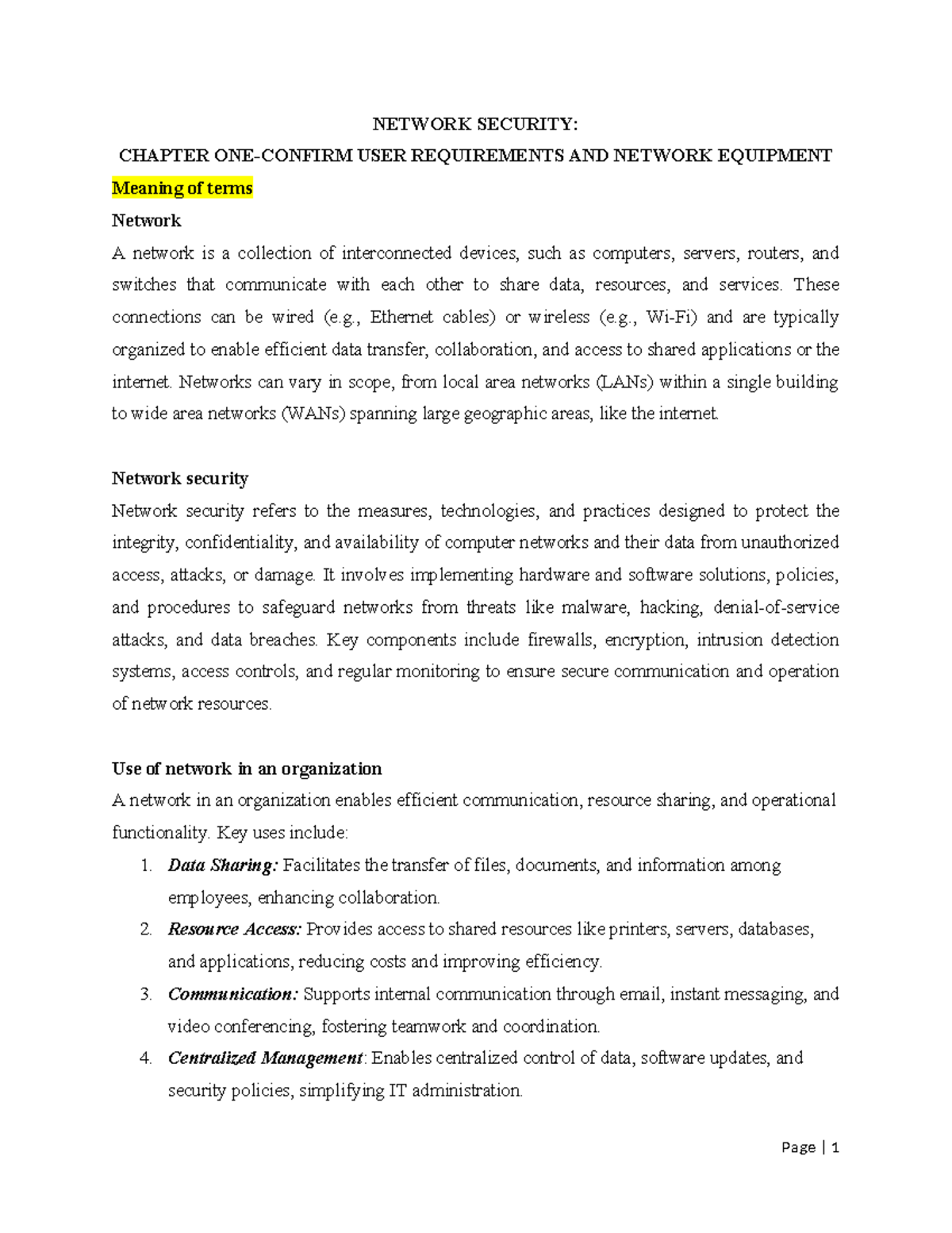 NETWORK SECURITY: CHAPTER 1 - USER REQS & NETWORK EQUIPMENT - Studocu