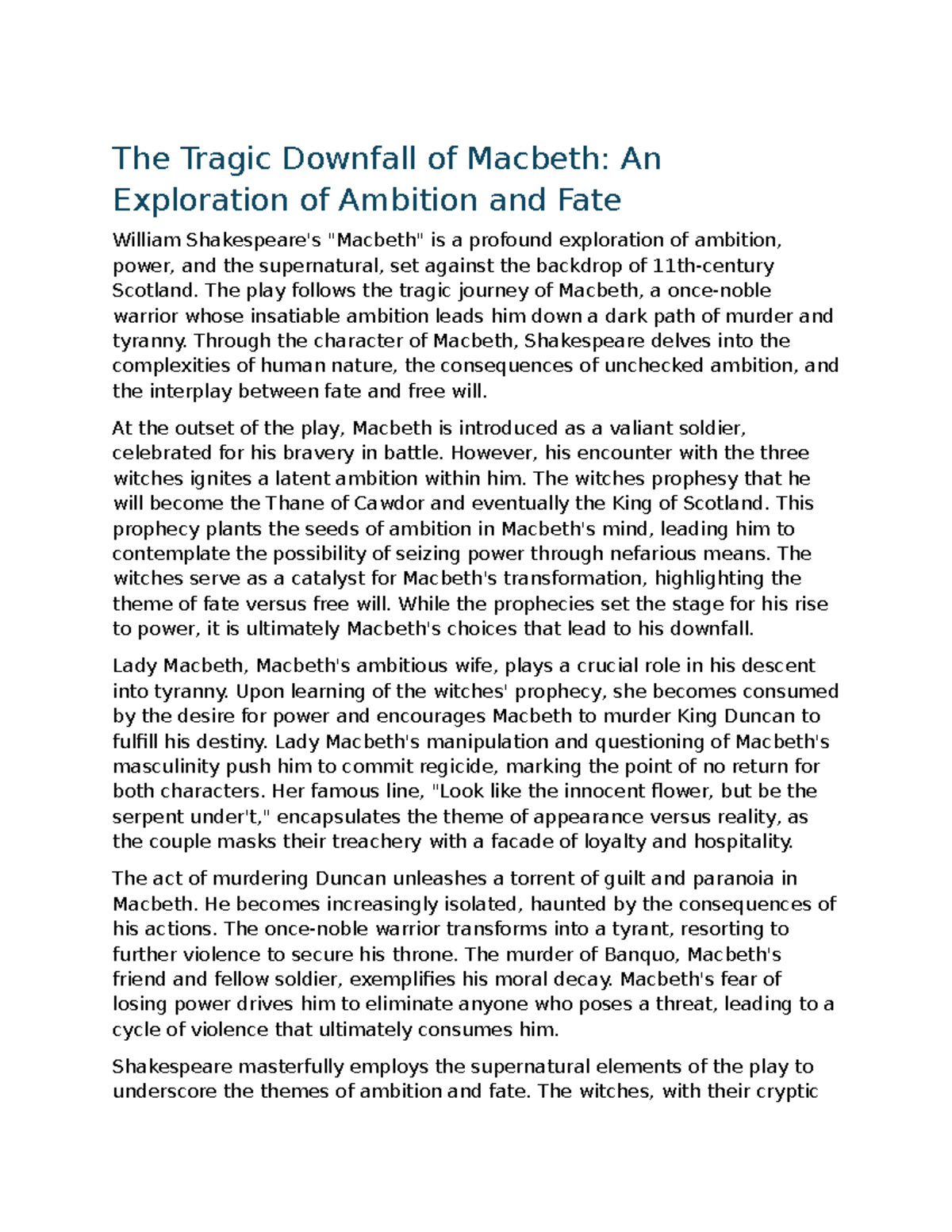 Macbeth: Ambition and Fate in Shakespeare's Tragic Play (ENG 101) - Studocu