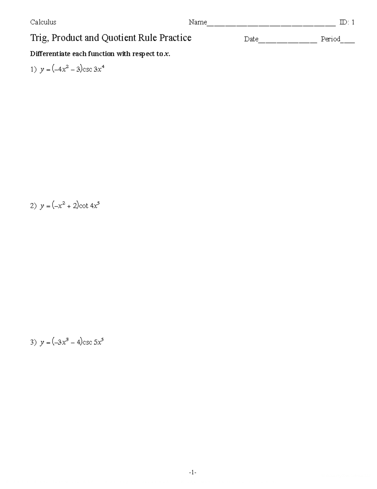 Calculus (MATH 101) - Trig, Product & Quotient Rule Practice - Studocu