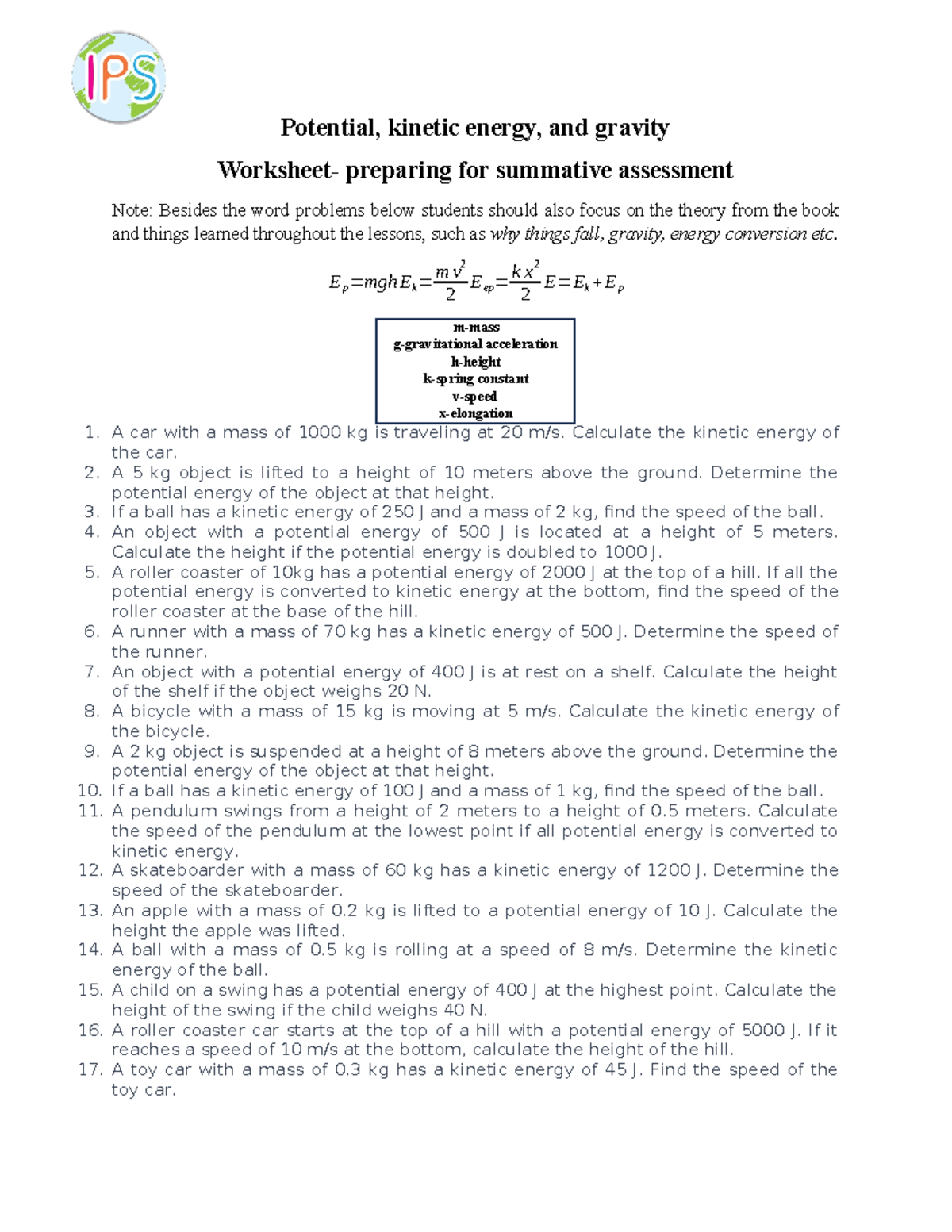 Potential and Kinetic Energy Worksheet-1 for Summative Assessment - Studocu