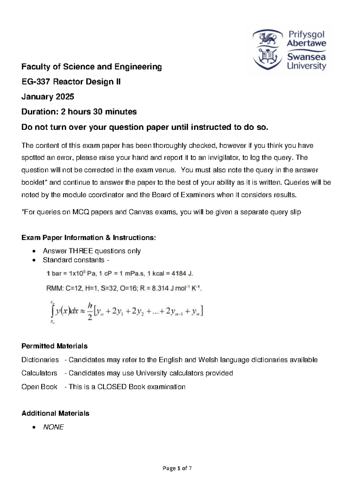 EG-337 Reactor Design II Final Exam Paper January 2025 - Studocu