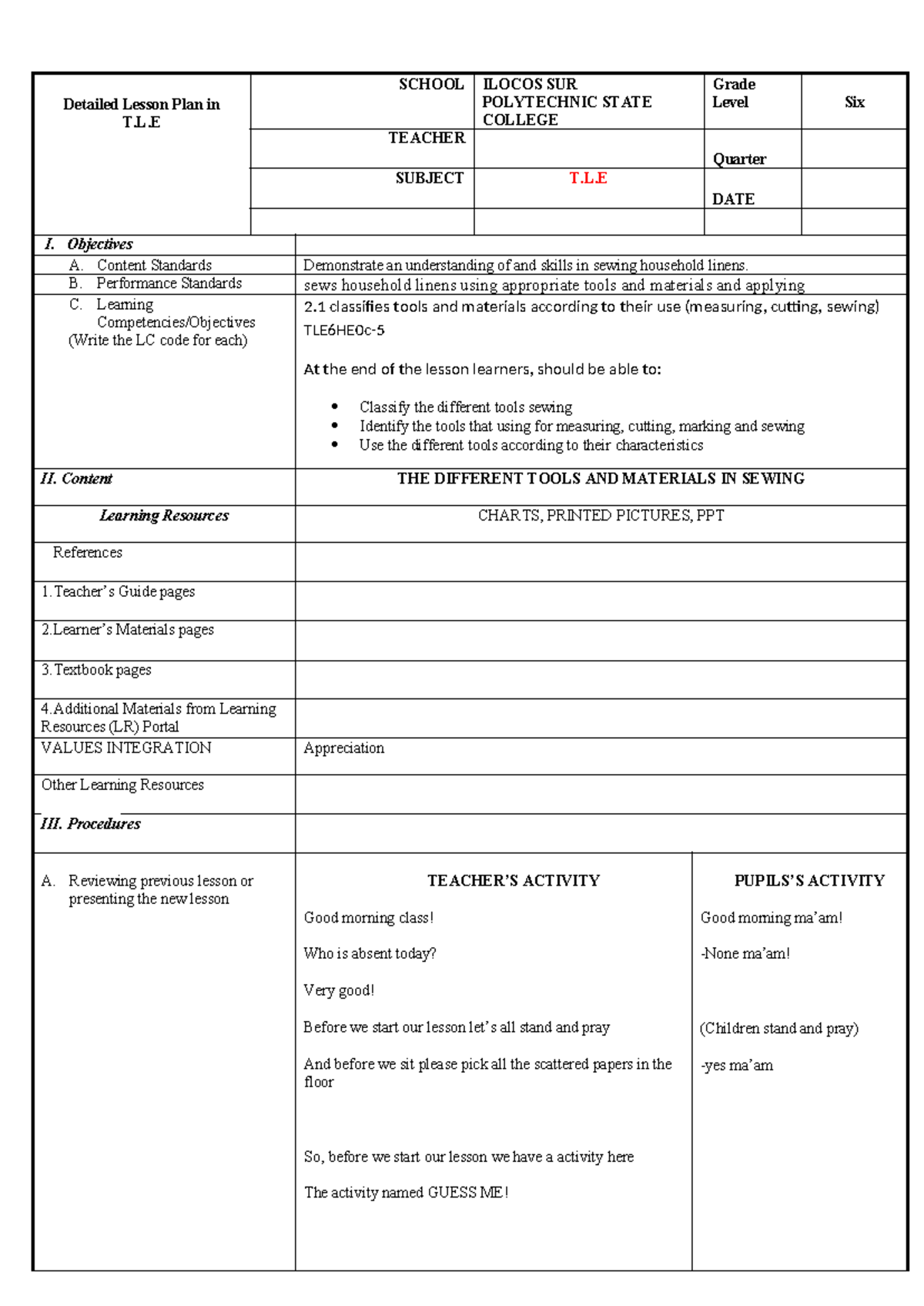 TTL2 Lesson plan - learning materials - Detailed Lesson Plan in T.L SCHOOL ILOCOS SUR ...