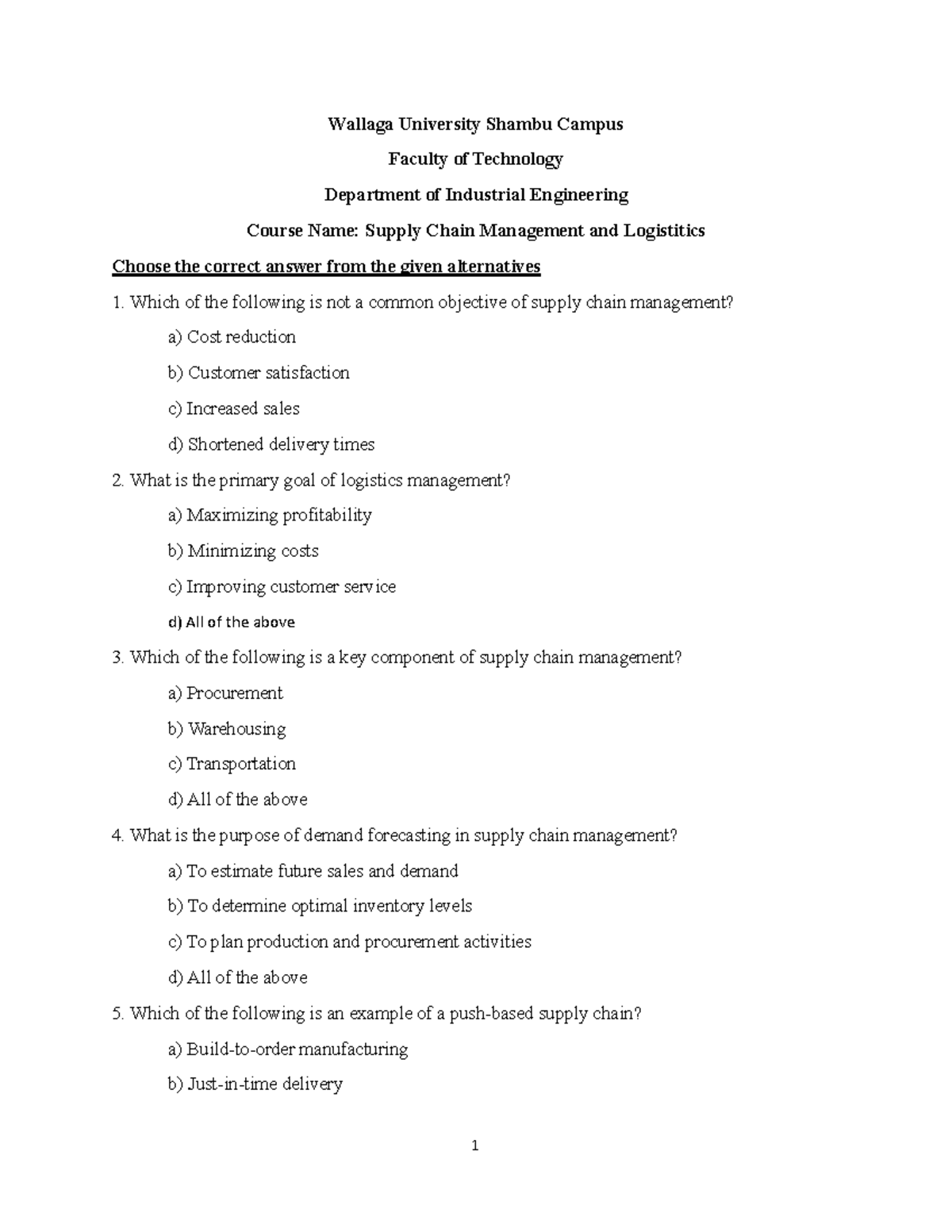 SCM & L Multiple Choice Questions - Supply Chain Management Insights ...