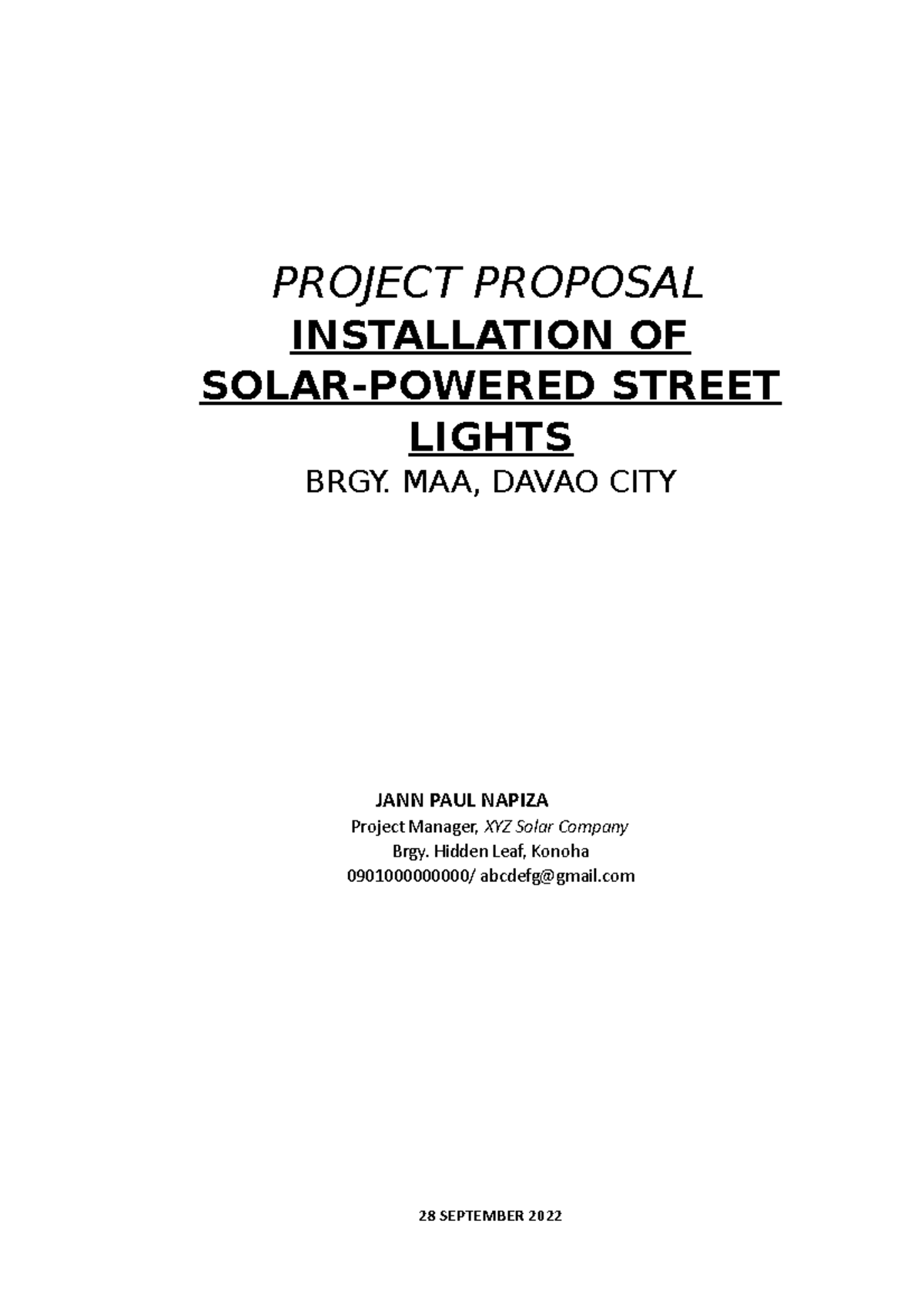 Project Proposal: Installation of Solar-Powered Street Lights in Brgy ...