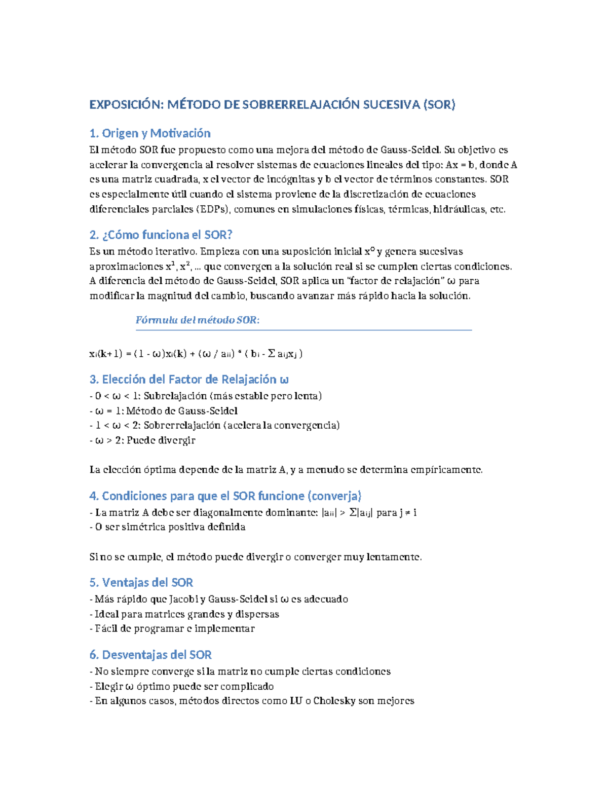 Método SOR: Teoría Completa y Aplicaciones en Ecuaciones Lineales - Studocu