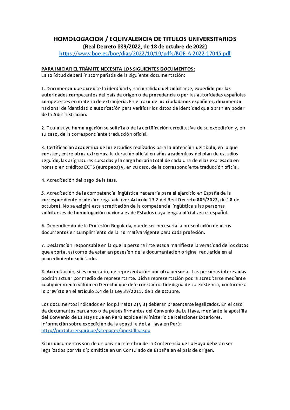 Nota Informativa sobre Homologación de Títulos Universitarios (Real ...