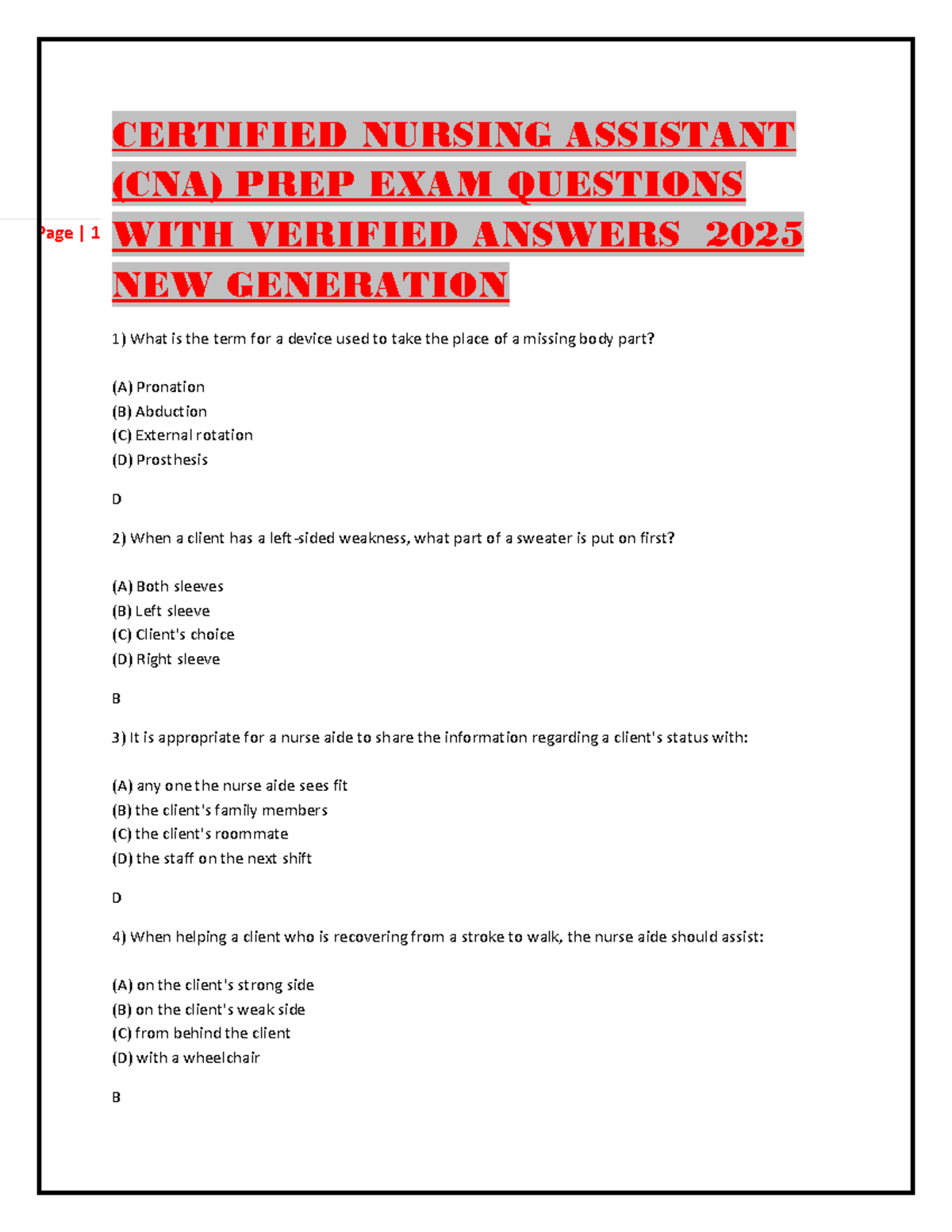 CNA Prep Exam Questions & Verified Answers 2025 - Studocu